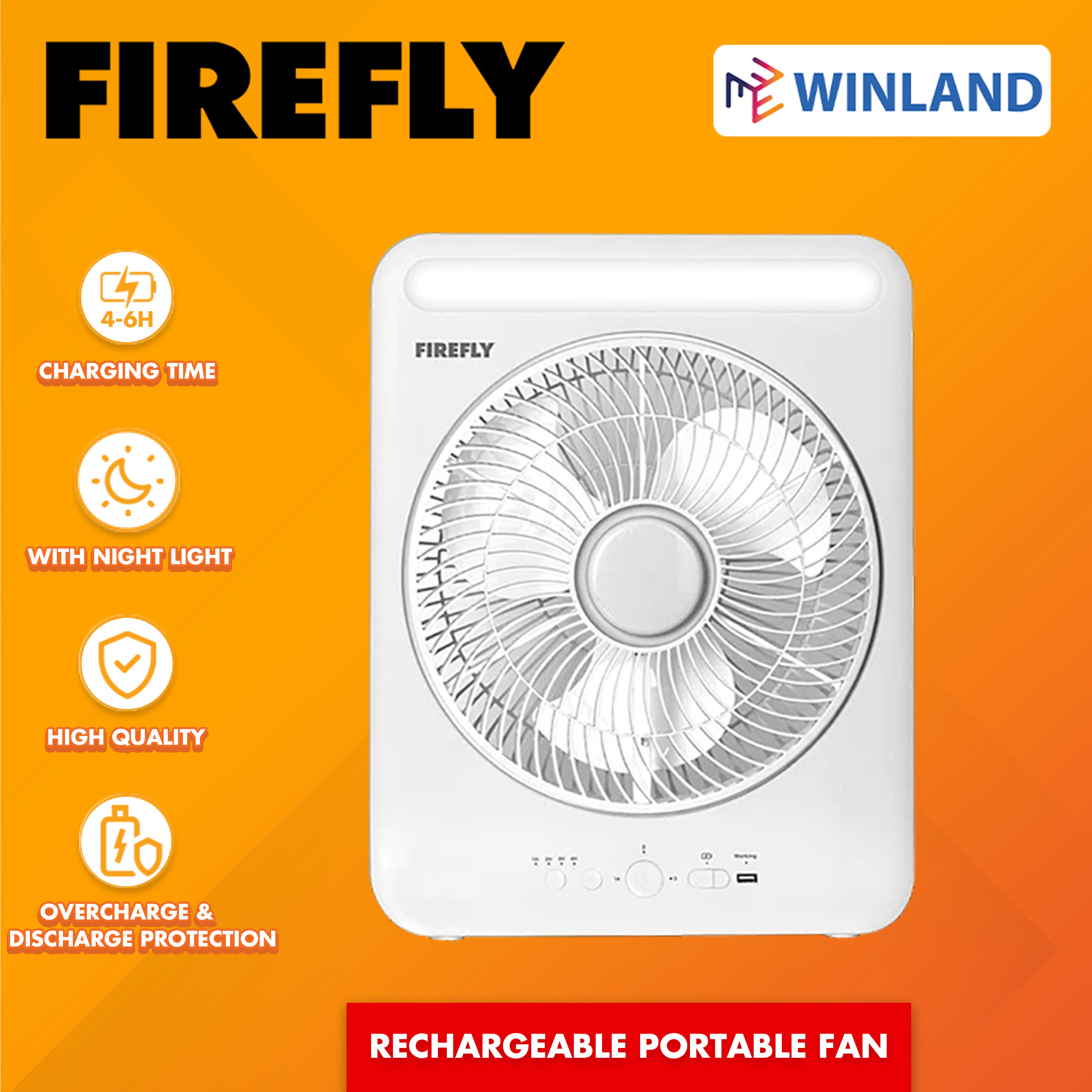 FIREFLY by Winland 12-inches Rechargeable Portable 3-Speed Fan with ...