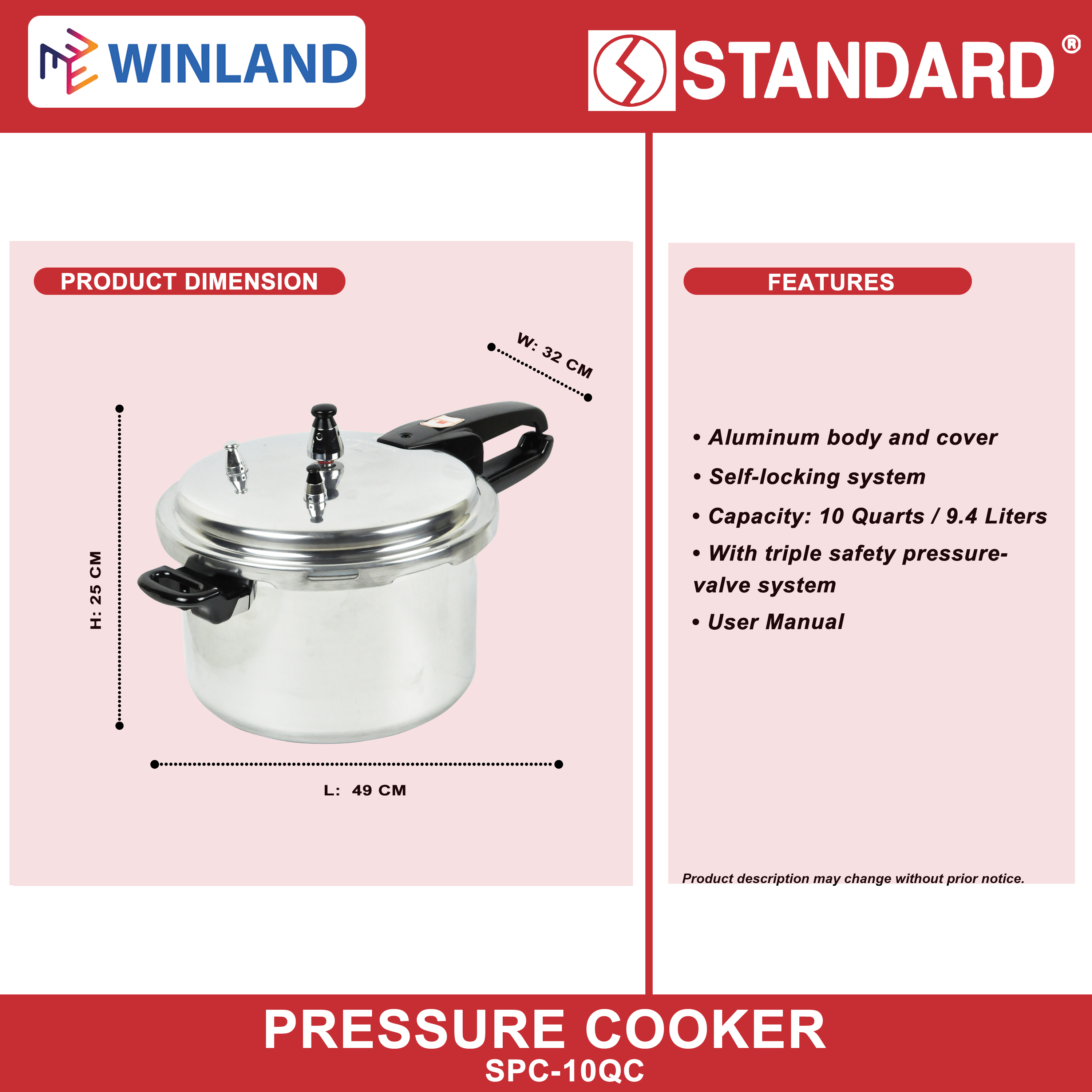 STANDARD Appliances by Winland Pressure Cooker 10 Quarts / 9.4 Liters ...