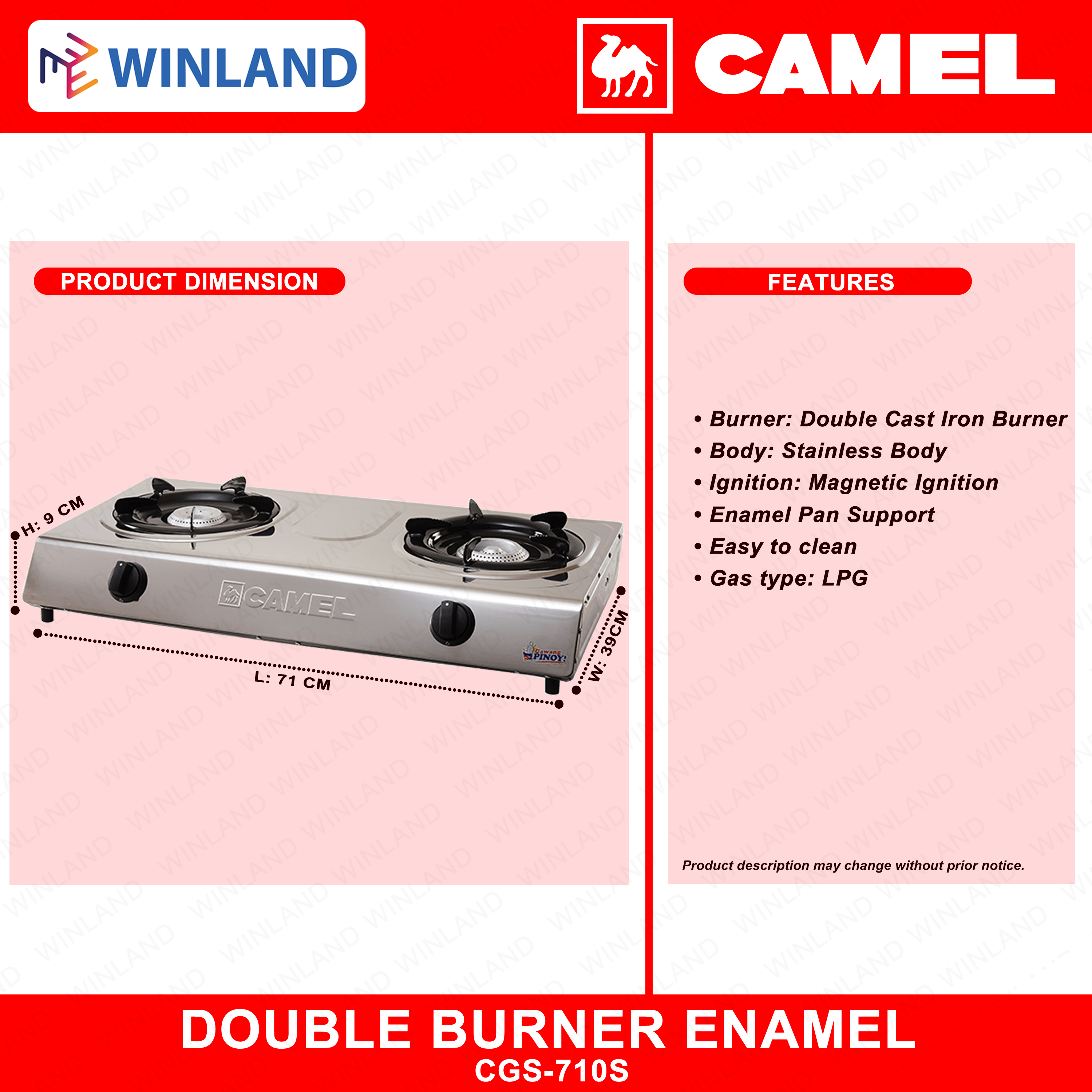 Camel by Winland Double Burner Enamel Gas Stove with Stainless Body CGS ...