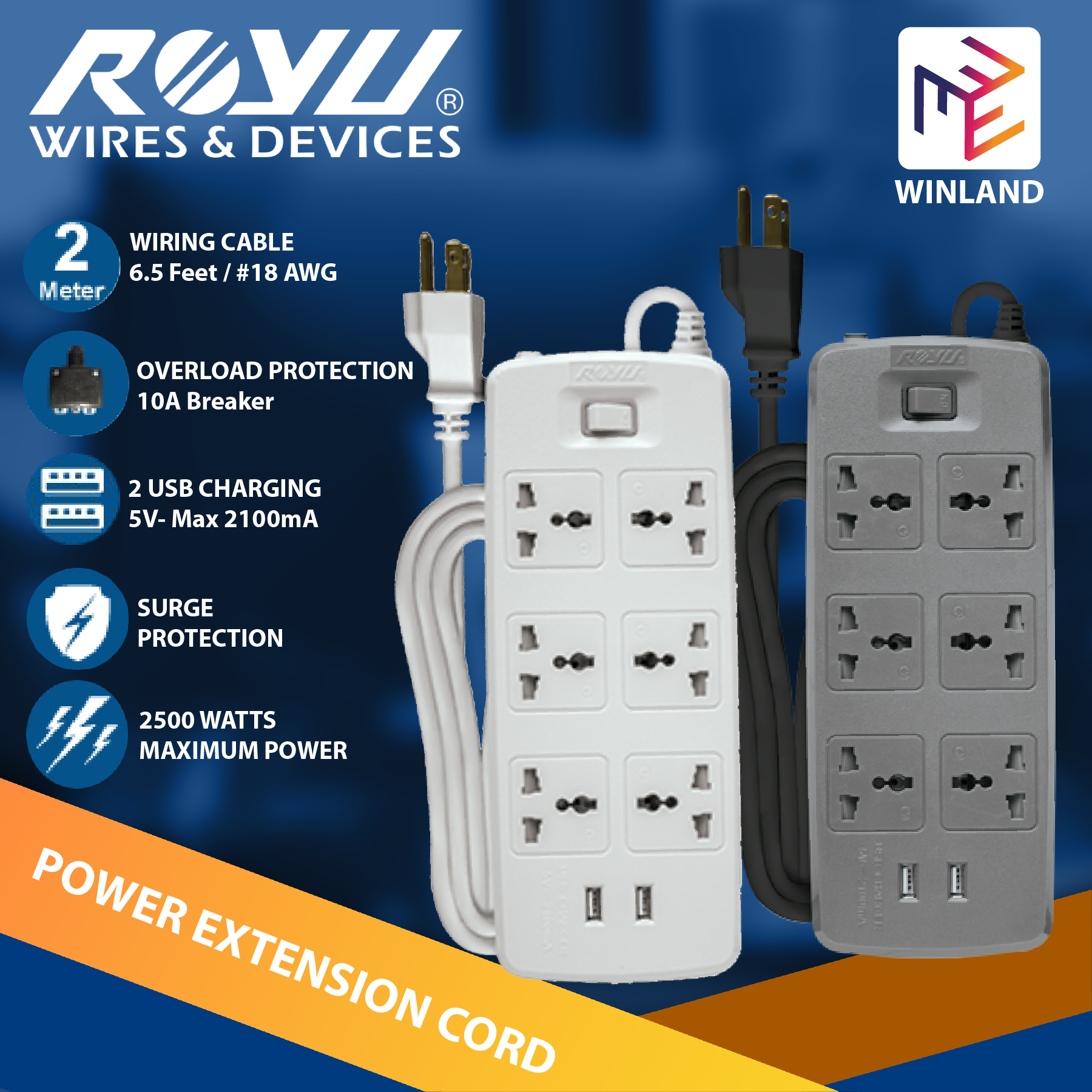 Royu by Winland 6 Socket Power Extension Cord Cable Wire & 2 USB Ports ...