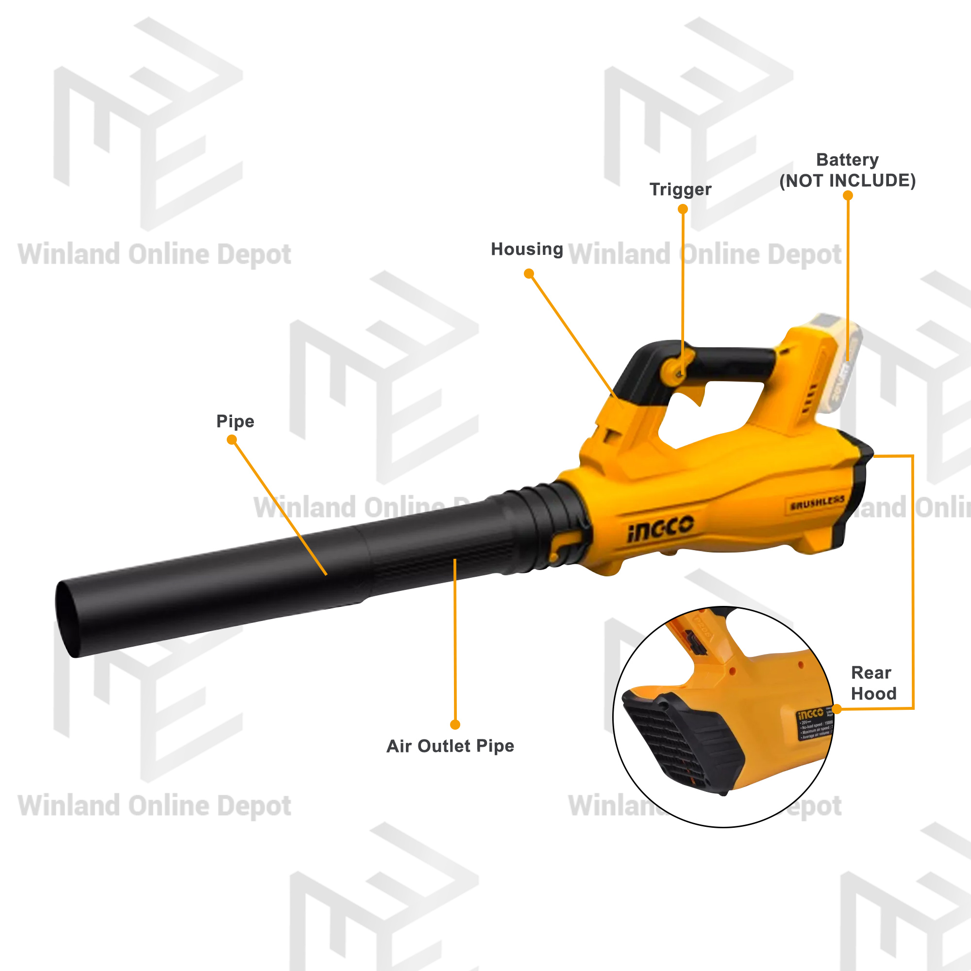Ingco by Winland Brushless Motor Lithium-Ion Cordless Blower 20V P20S ...