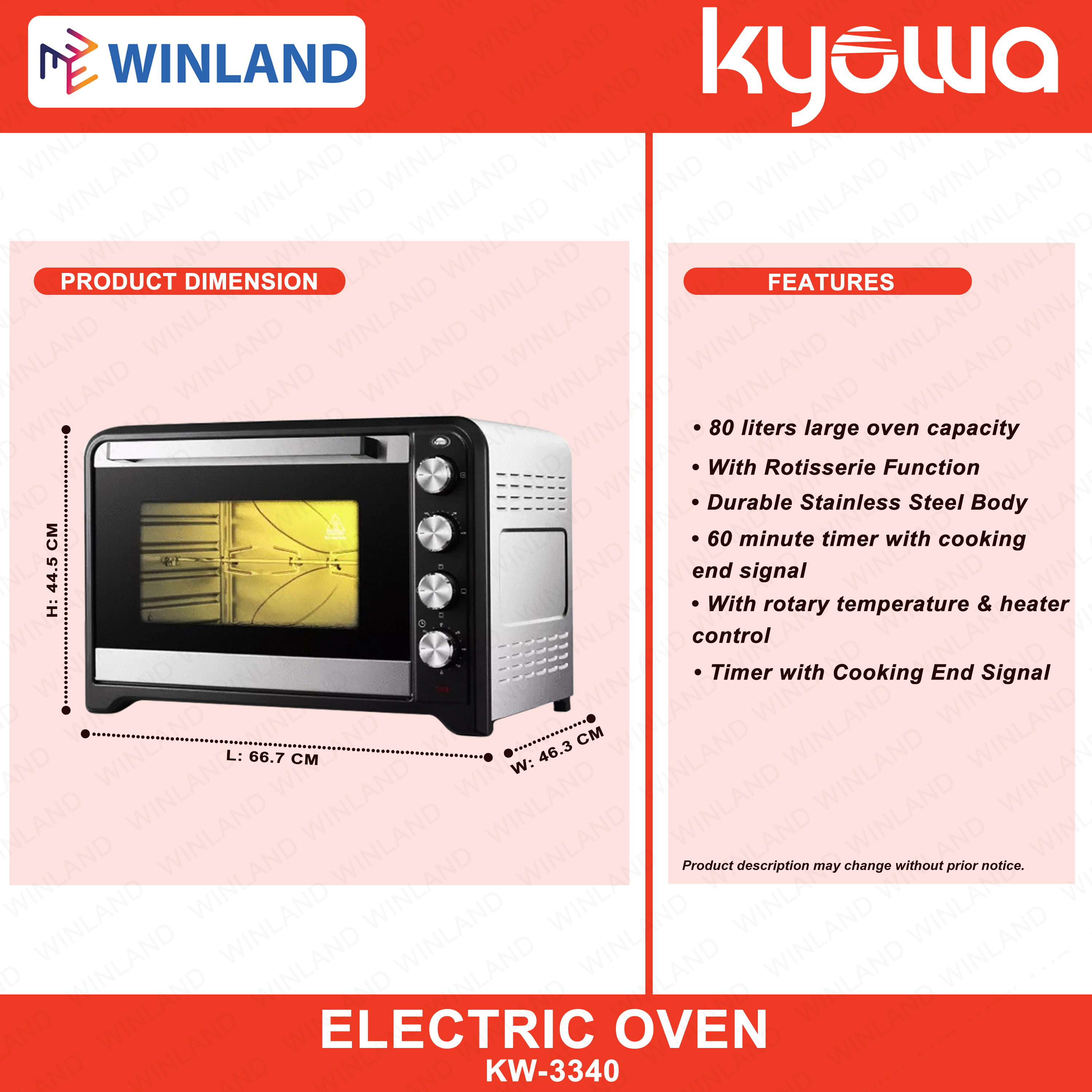 Kyowa by Winland Electric Oven 80 Liters large Oven Capacity (Stainless ...