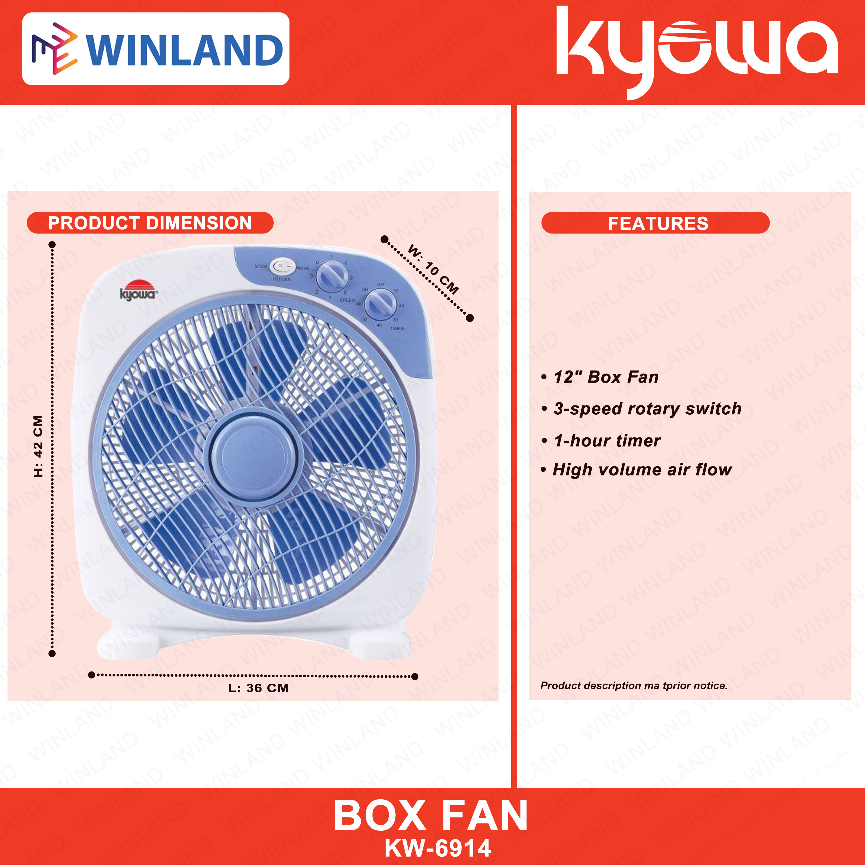 Kyowa by Winland 12" Box Fan Electric Fan with Timer KW-6914 | Lazada PH