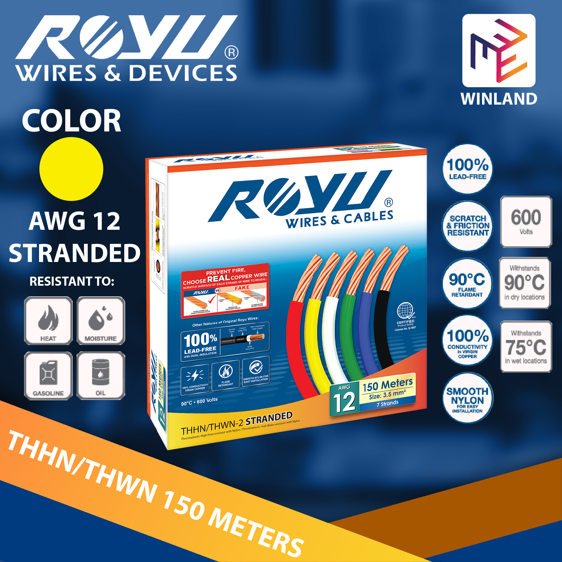 Royu by Winland THHN/THWN Stranded Wire 3.5mm² AWG12 Stranded 150 meters Pure Copper RTN12AYL150 ...