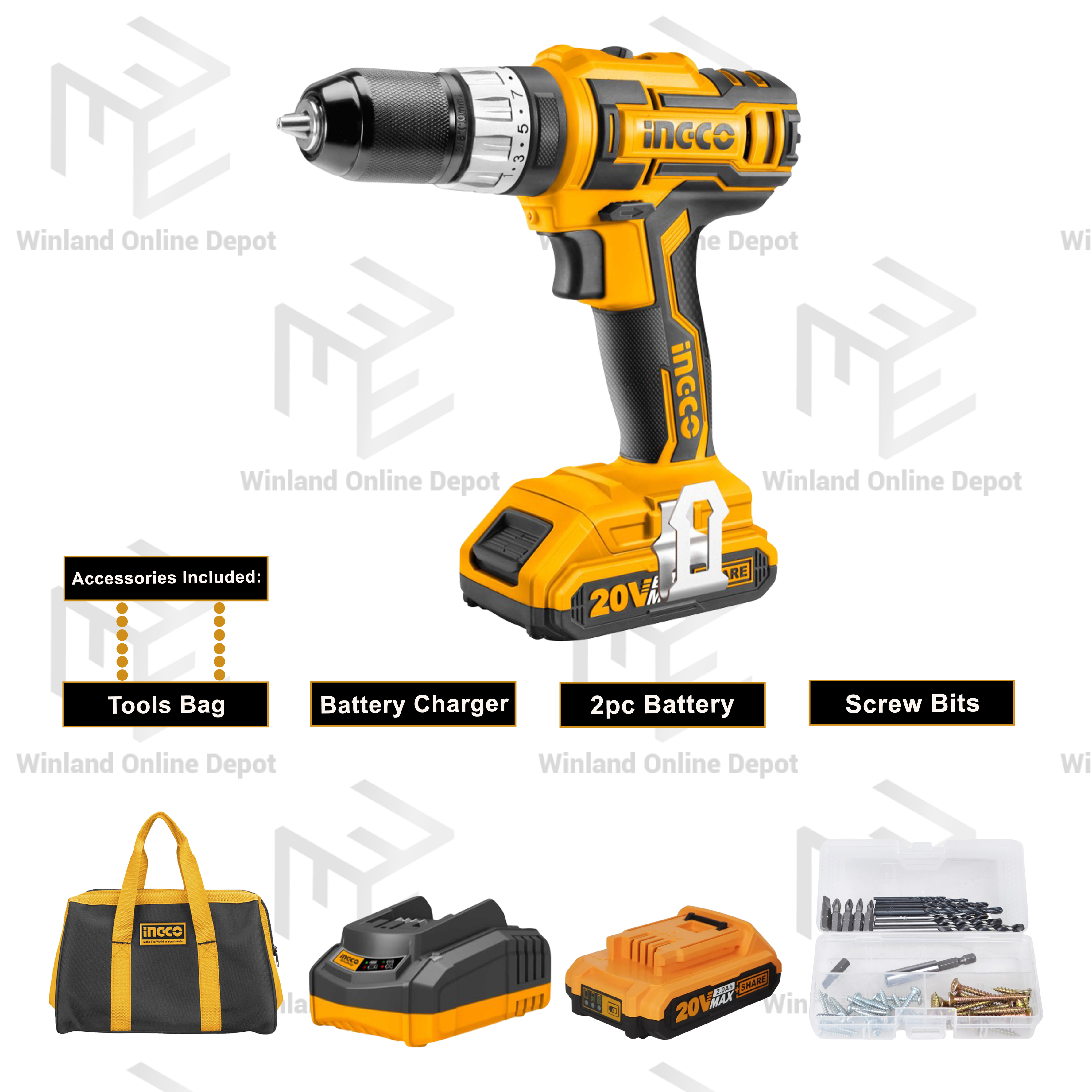 Ingco by Winland Fast Charging Cordless Impact Drill Power Tool 20V ...
