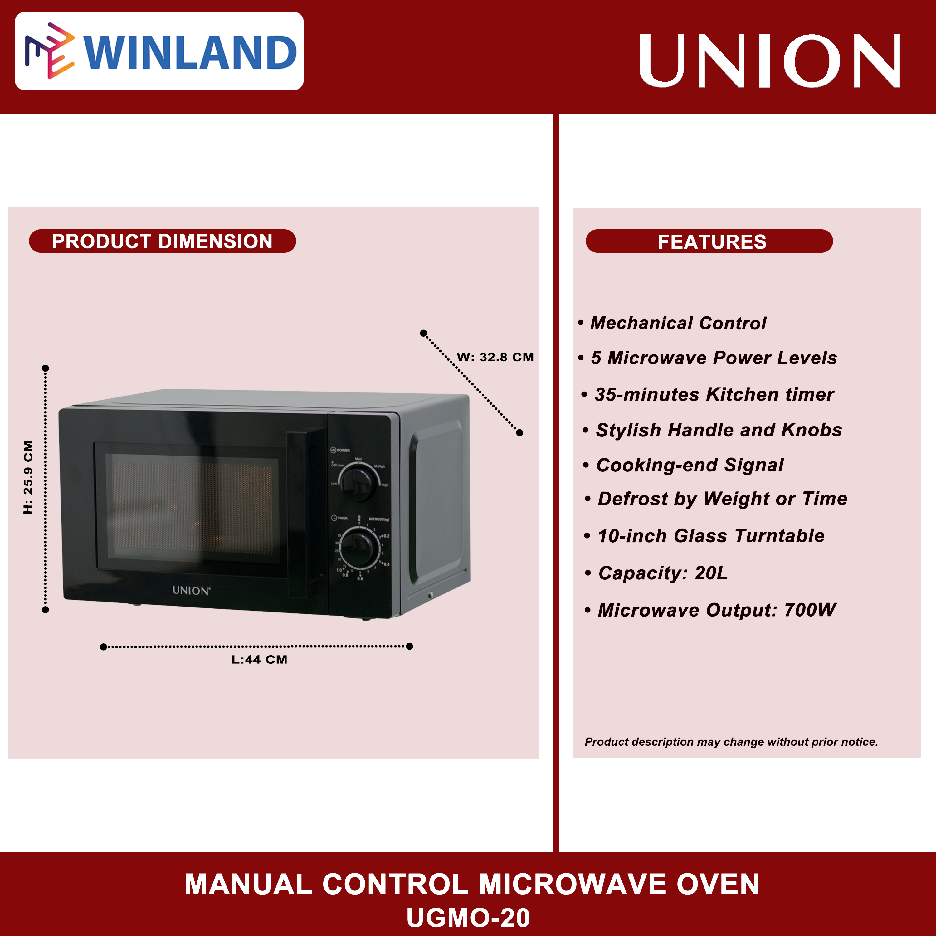 Union by Winland 20L Manual Control Microwave Oven Defrost Function & 5 ...