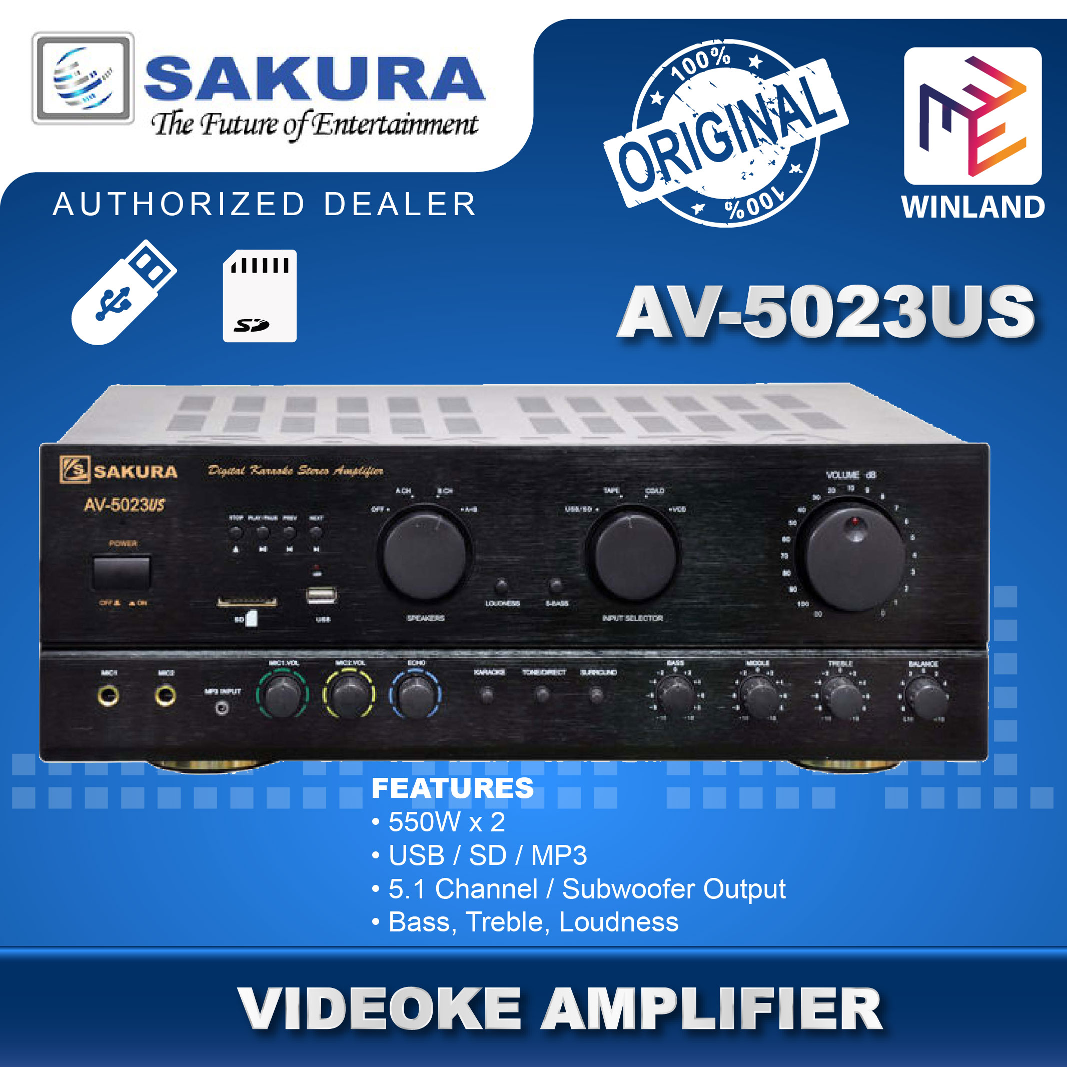 SAKURA by Winland Karaoke MP3 Amplifier 5.1 Channel 550W x 2 AV with USB / SD Slot AV-5023US ...