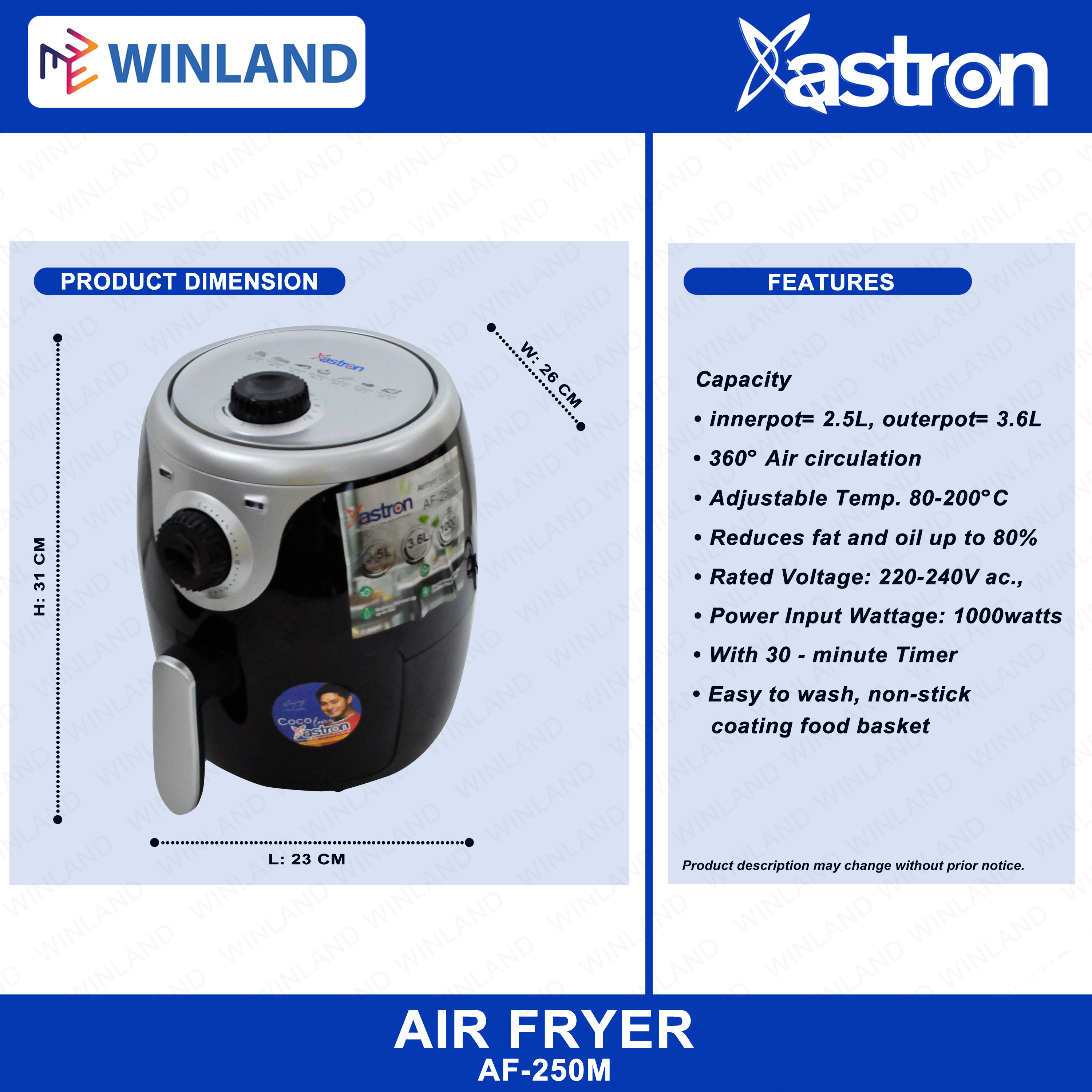 Astron by Winland 2.5L Non-Stick Air Fryer Compact Design AF-250M ...