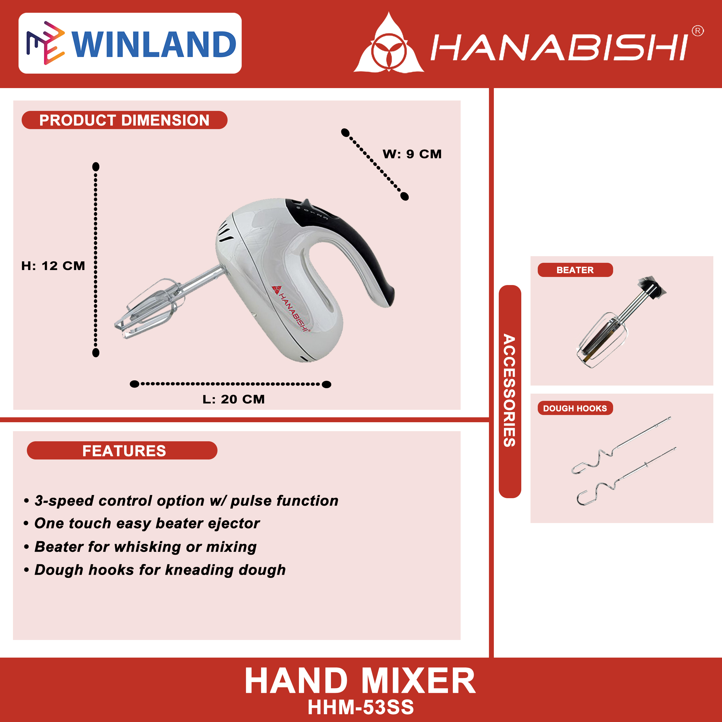 Hanabishi by Winland Chrome Plated Dual Attachment 5 Speed Hand Mixer ...