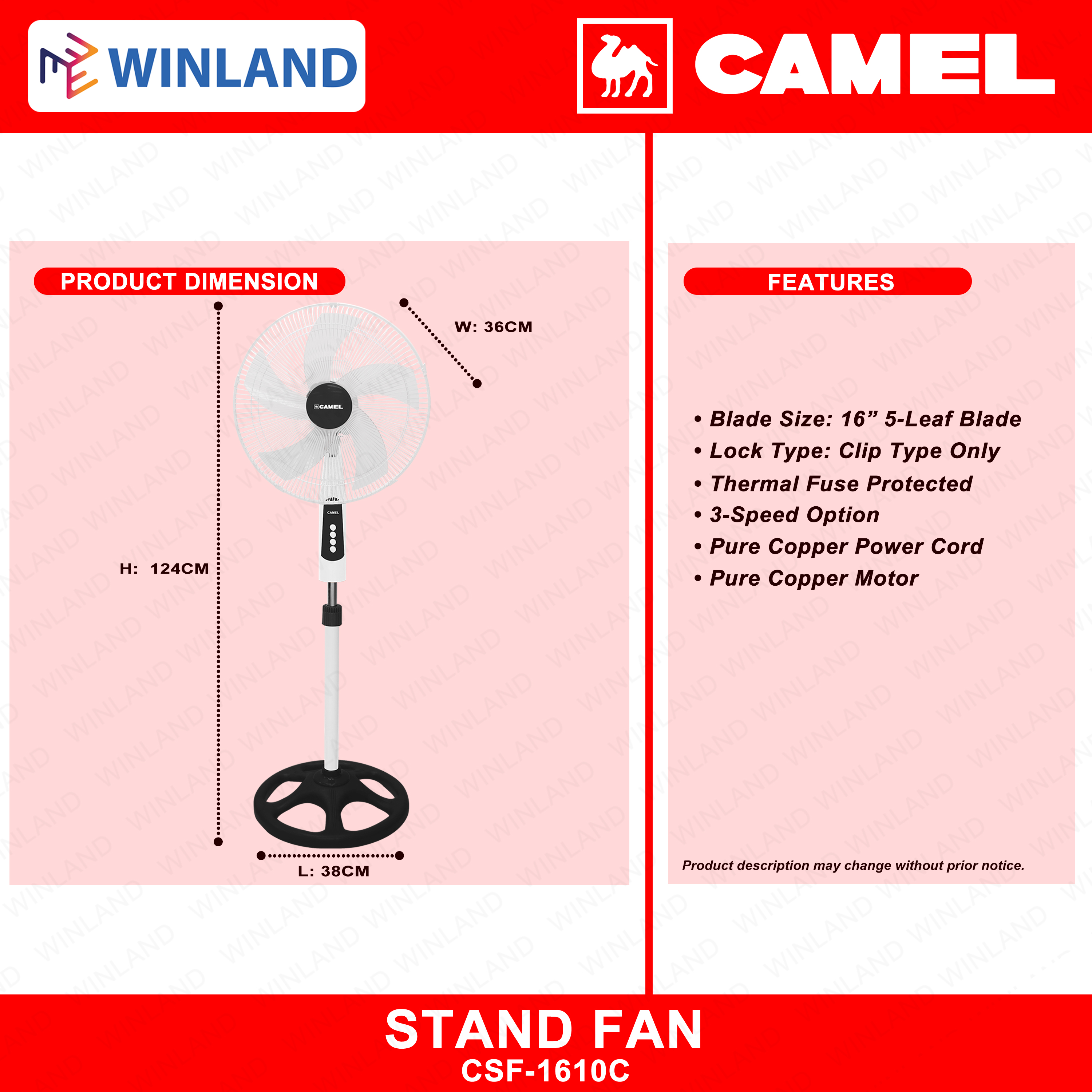 Camel by Winland CSF1610C 16 inch 5-Leaf Blade Banana Blade Stand Fan ...