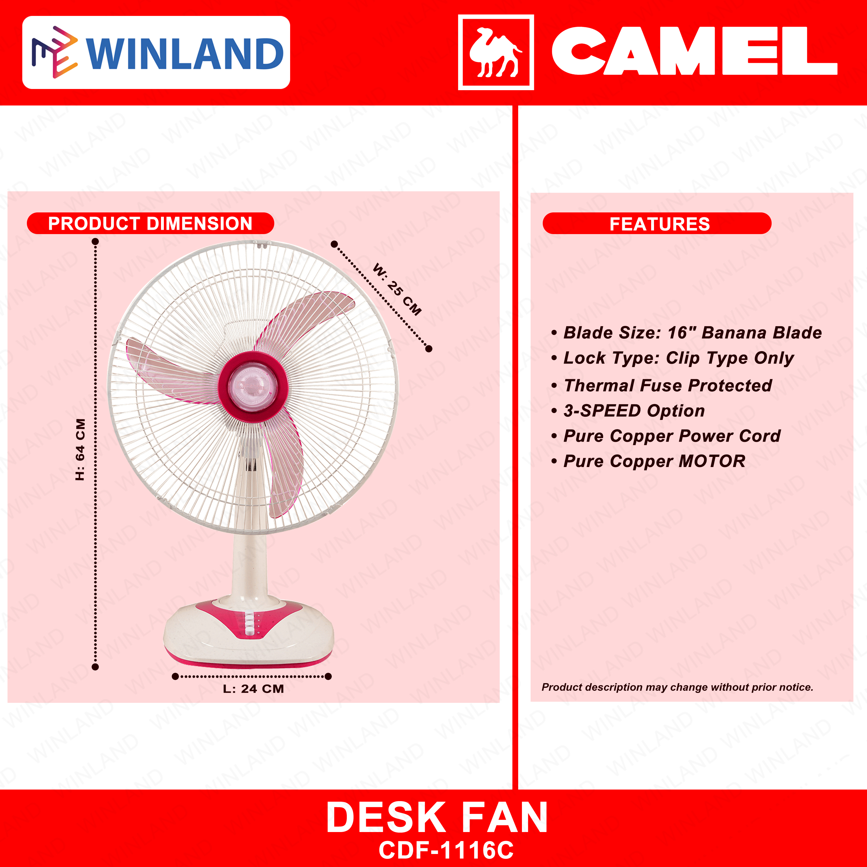 Camel by Winland Amihan CDF-1116C(PNK) Desk Fan Electric Fan Stand Fan ...