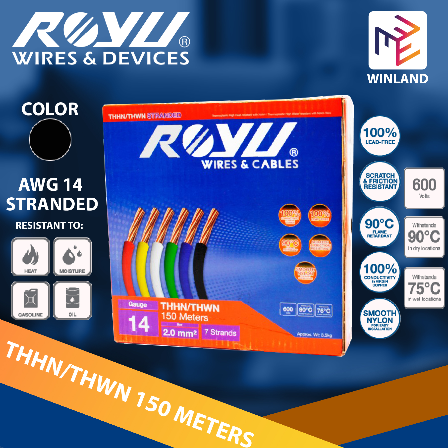Royu by Winland THHN/THWN Stranded Wire 2mm² AWG14 Stranded 150 meters ...