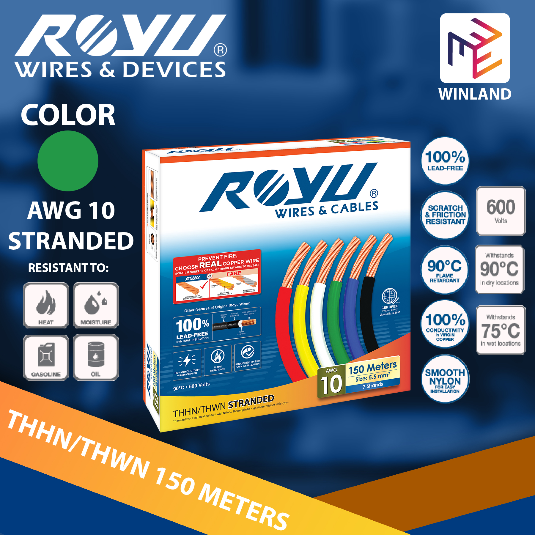 Royu by Winland THHN/THWN Stranded Wire 5.5mm² AWG10 Stranded 150 ...