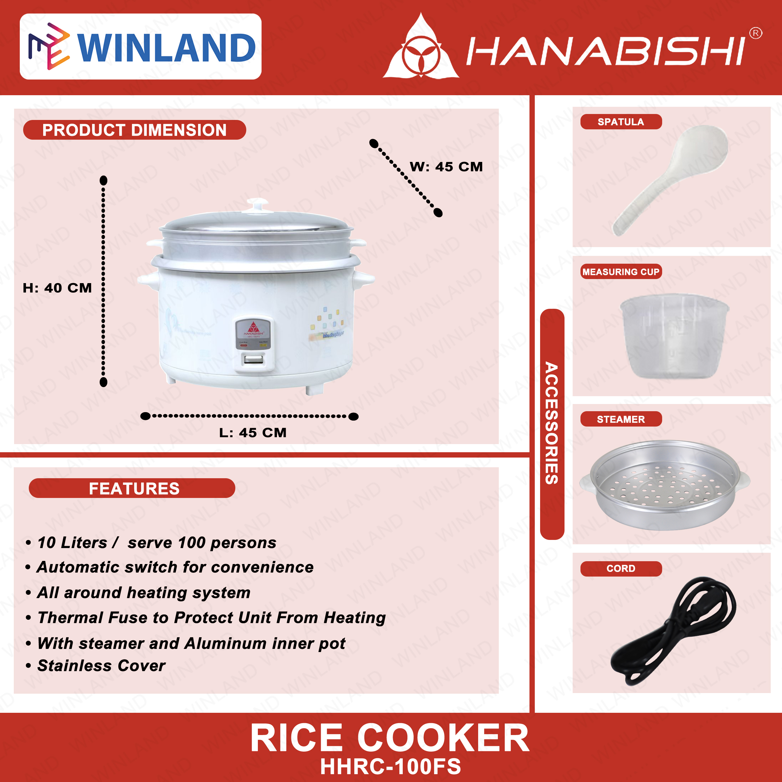Hanabishi by Winland Rice Cooker 10L capacity estimated serves 100 ...