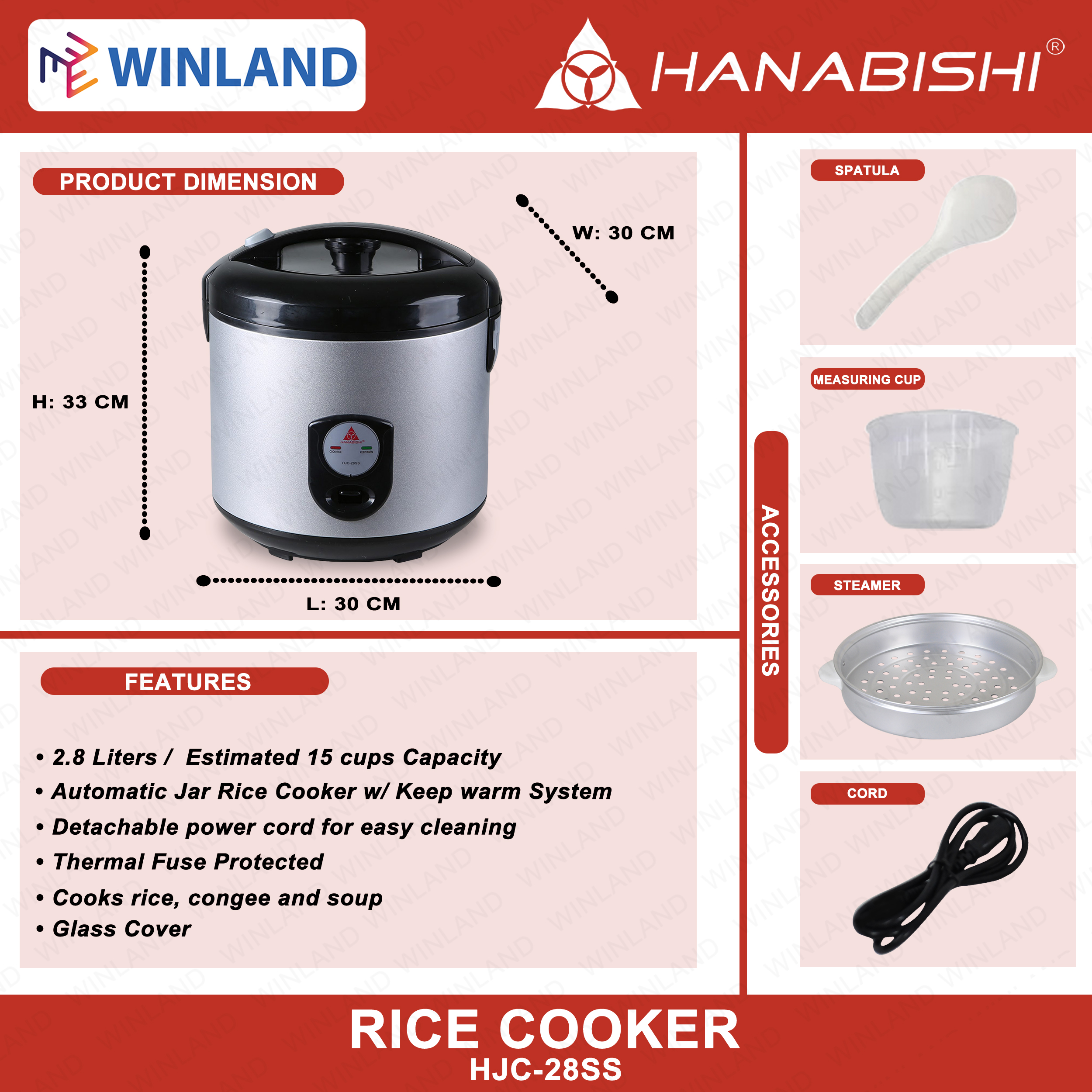 Hanabishi by Winland Jar Type Rice Cooker 2.8L serves 15 cups with ...