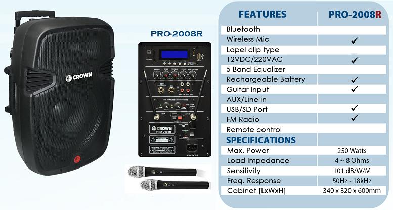 Crown PRO-2008R 12 250W Powered Portable Sound System with Free 2 ...