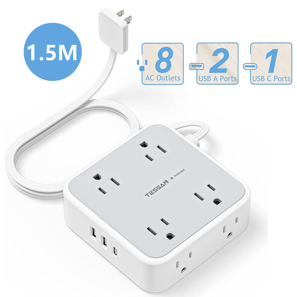 TESSAN Flat Plug Type C Power Strip with 1 USB C Charger, 5 ft Ultra ...