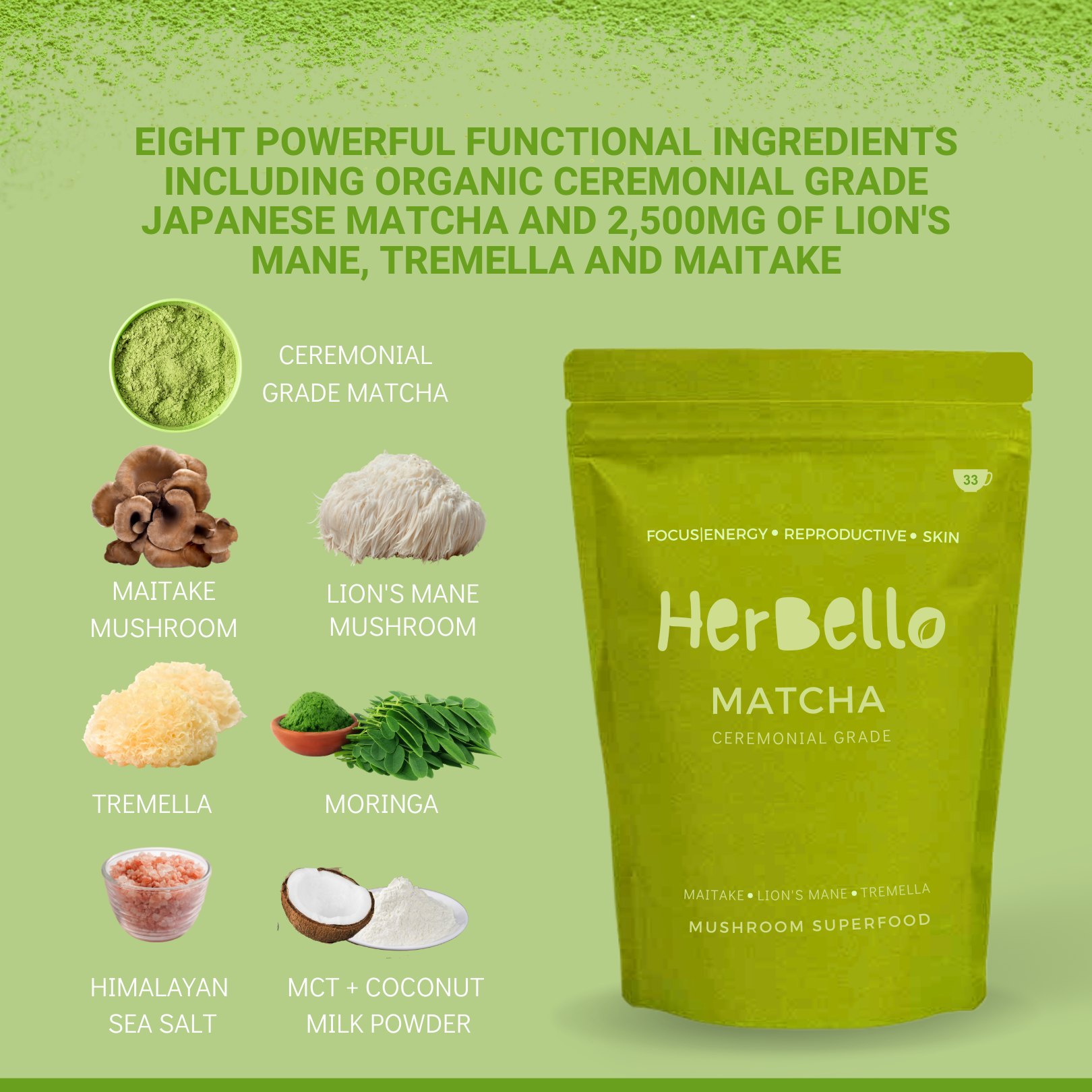HerBello Mushroom Matcha| Ceremonial Grade Matcha | Japanese Matcha ...