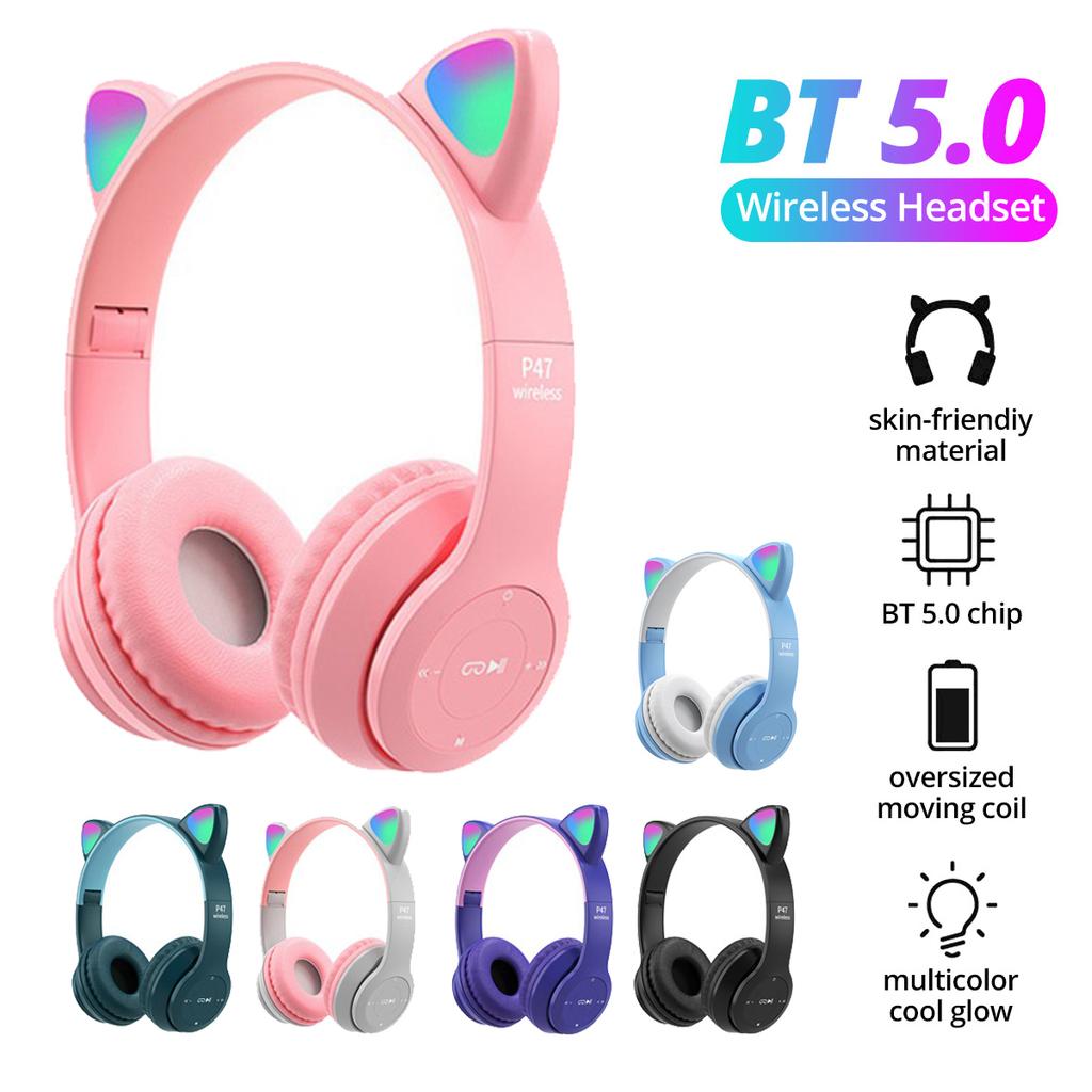 LED Light Cat Ear Bluetooth Headphone Cute RGB Lights Wireless Headset ...