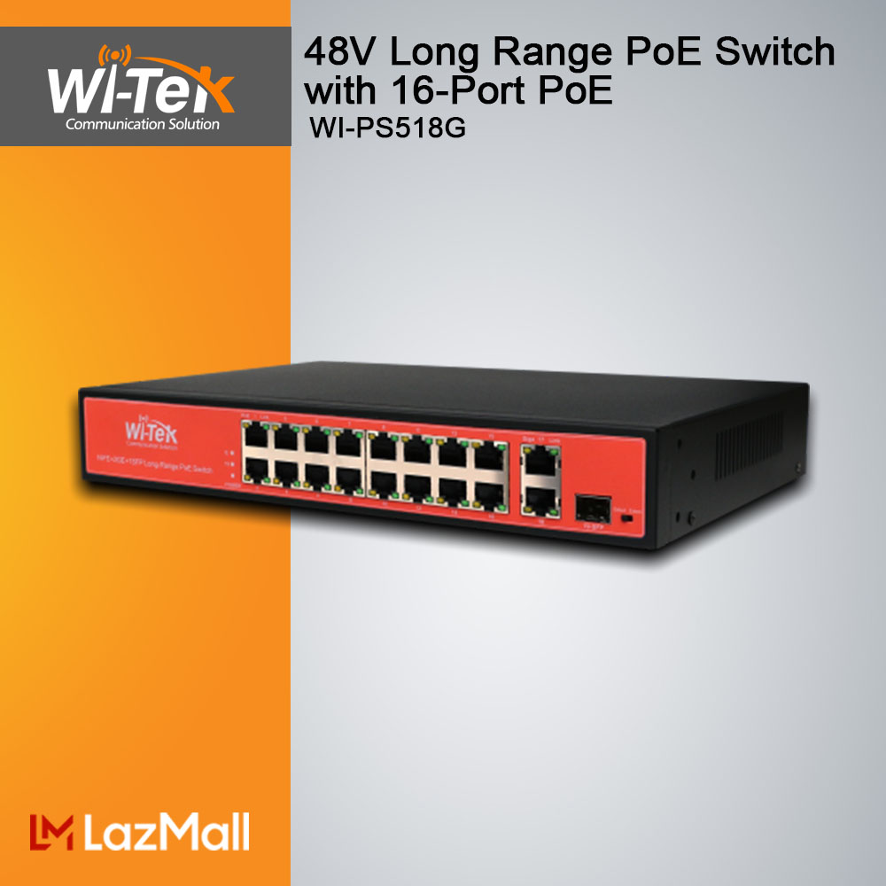 Wi-Tek WI-PS518G 16FE+2GE+1SFP Ports 48V Long Range PoE Switch with 16-Port PoE | 16FE+2GE+1SFP ...