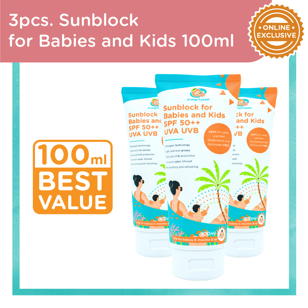 3 pcs. Orange and Peach Sunblock for Babies and Kids SPF 50 Sunscreen ...