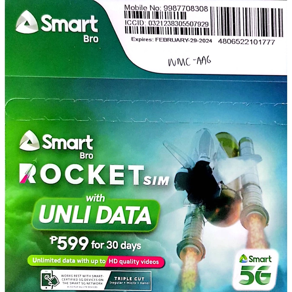 Smart Bro Rocket SIM card 499/699 (old/new) with 30 Day Unli Data 4G/5G No Speed Limit No Data ...