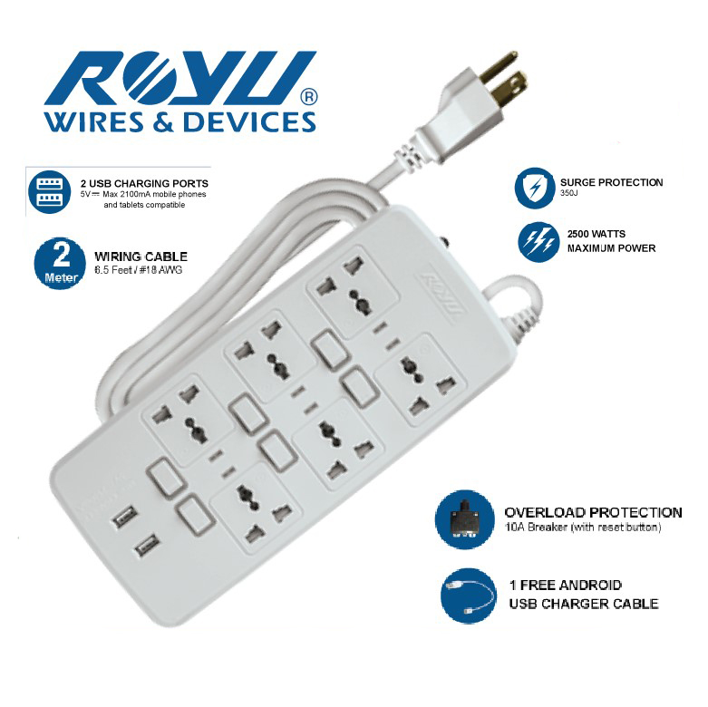 ROYU 2 Meters 6 Socket Power Extension Cord Cable Wire with Individual ...