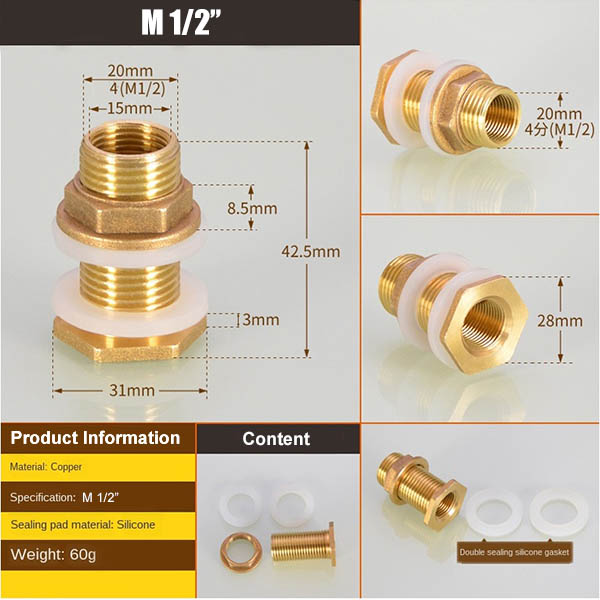 Solid Brass Water Tank Connector Fittings Leak-proof M1/2 M3/4 M1 ...