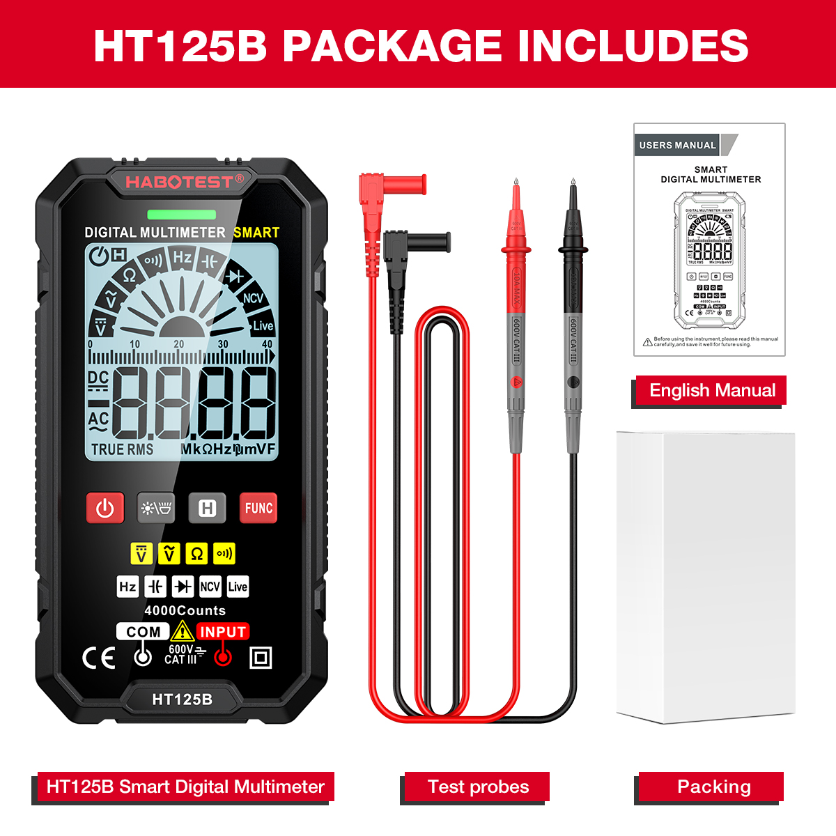 HABOTEST HT125 Smart Digital Multimeter 600V AC/DC Voltmeter 4000 ...