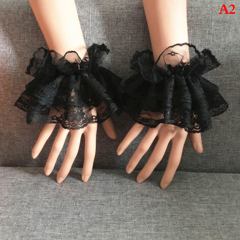 AngelCity Lolita Hand Sleeve Wrist Cuffs Ruffled Floral Black Lace ...