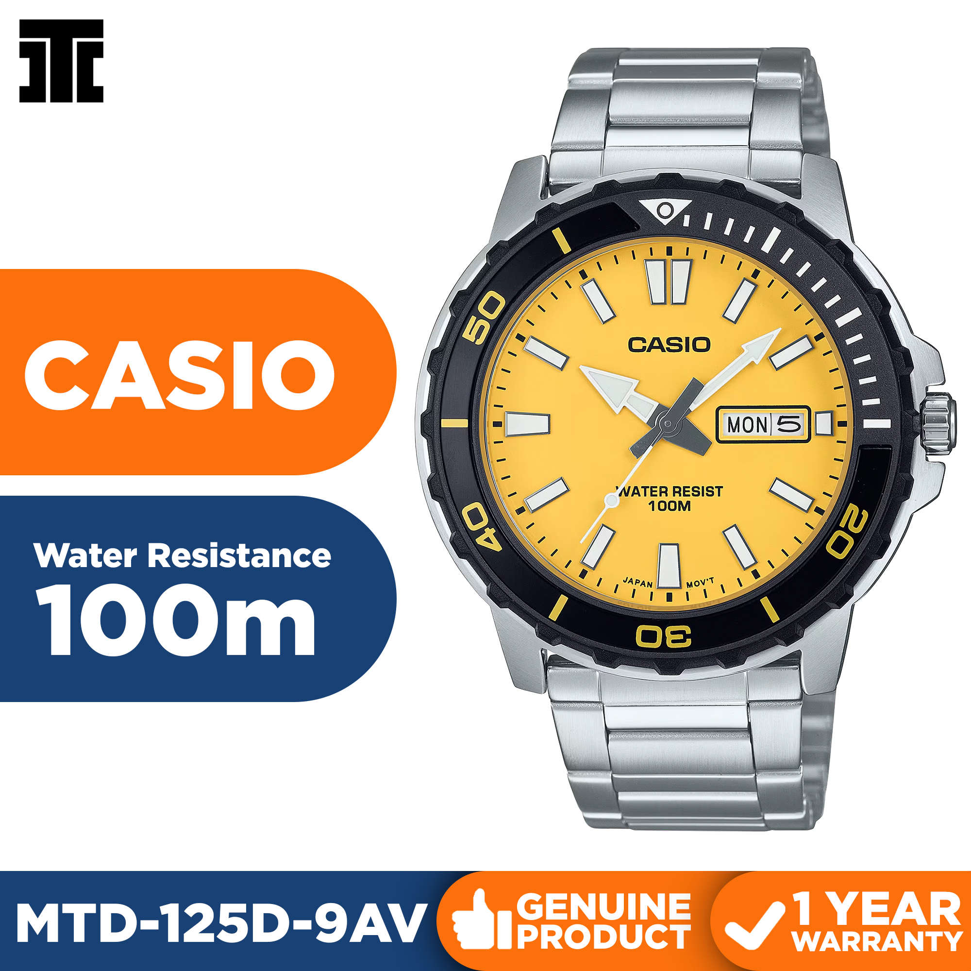 Casio Yellow Dial Stainless Steel Analog Quartz Watch MTD-125D-9AV ...