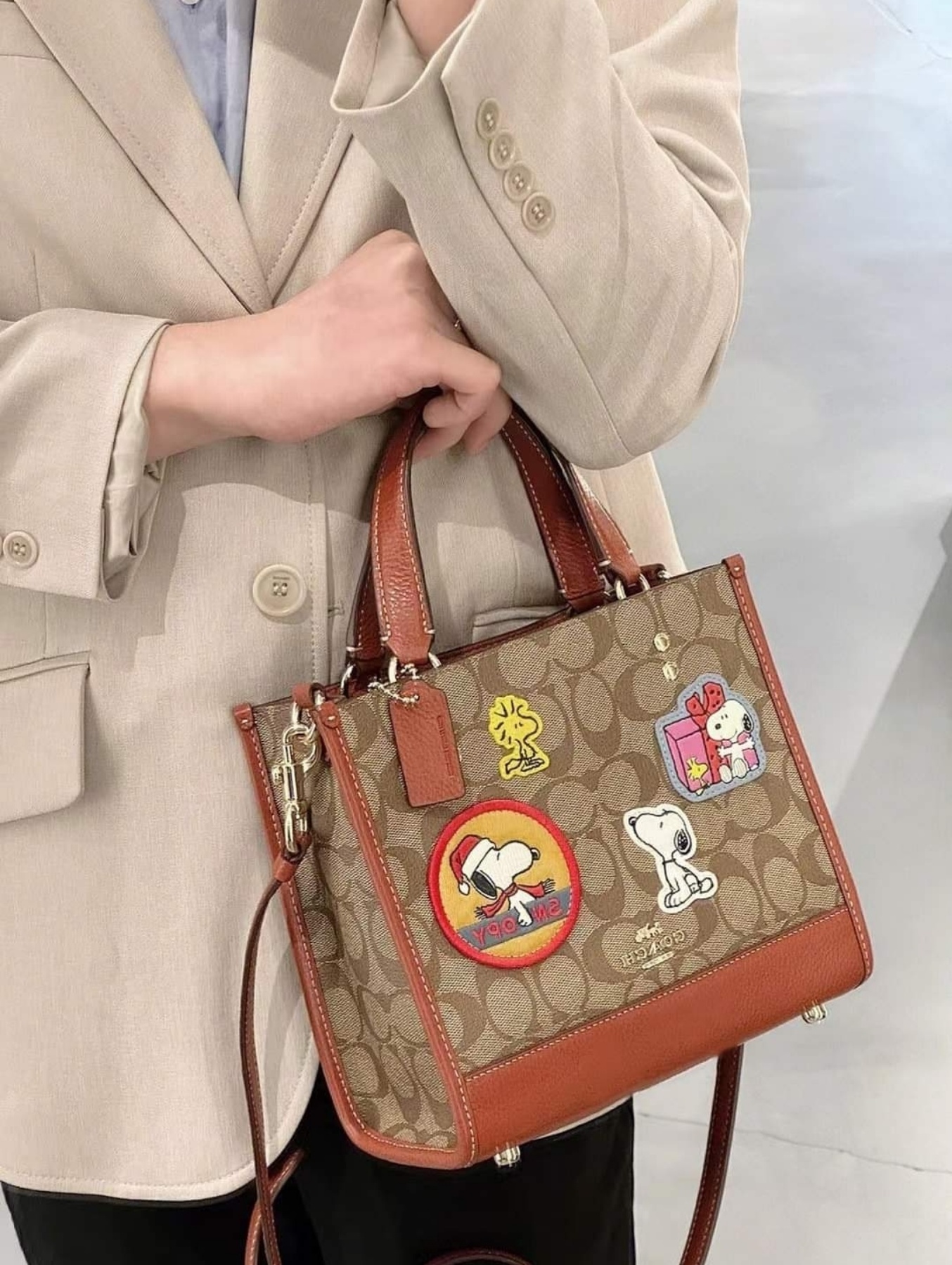 Coach CE851 Coach x P.E.A.N.U.T.S Dempsey Tote 22 in Khaki Signature ...