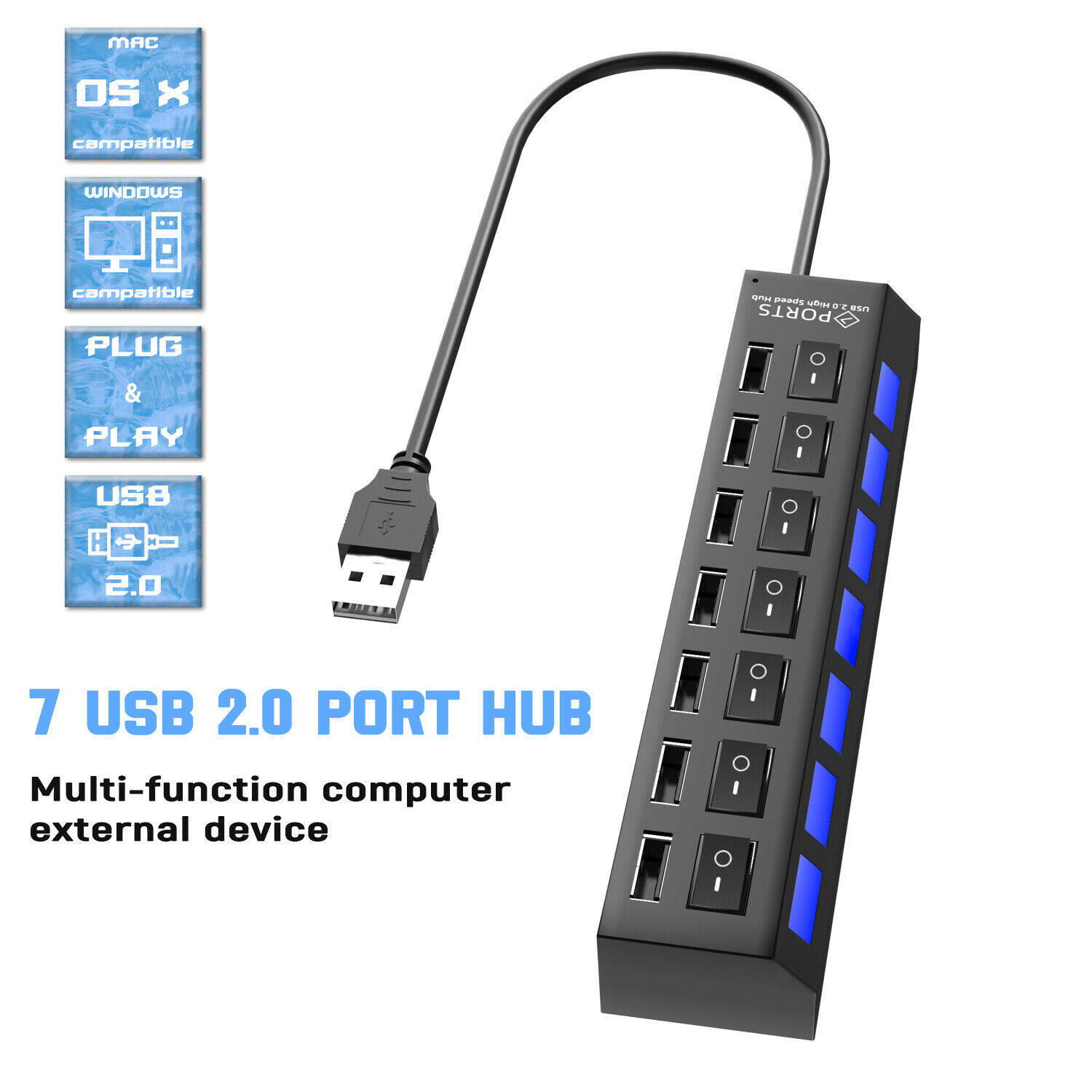 USB Plug-in 7-port HUB Converter with Blue 7-port Switch and Drag 7 ...