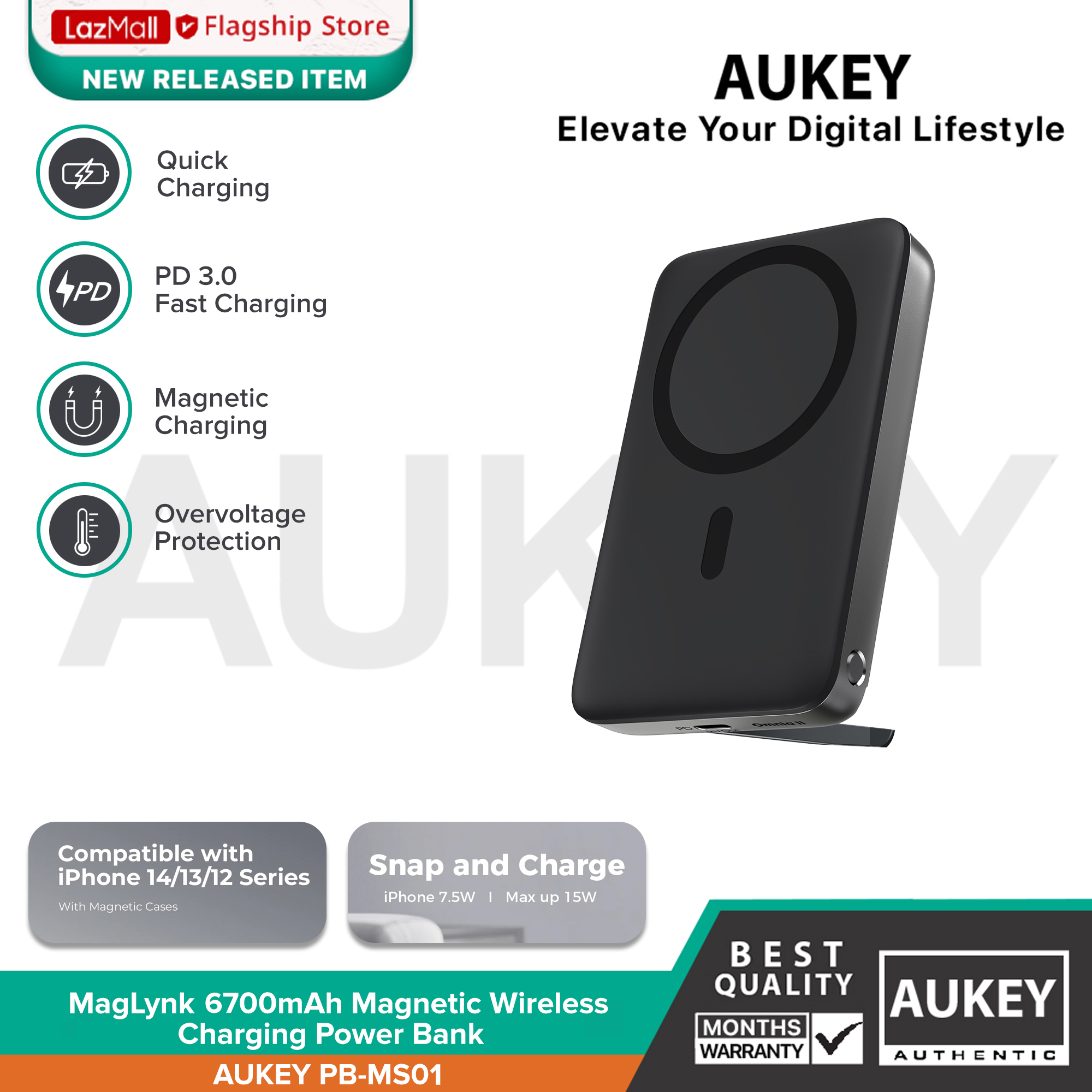 AUKEY PB-MS01 MagLynk 6700mAh Magnetic Wireless Charging MagSafe Power Bank | Lazada PH
