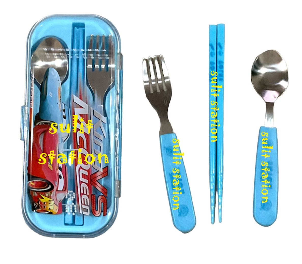 PIXAR CARS LIGHTNING McQUEEN STAINLESS STEEL SPOON FORK CHOPSTICKS FOOD ...