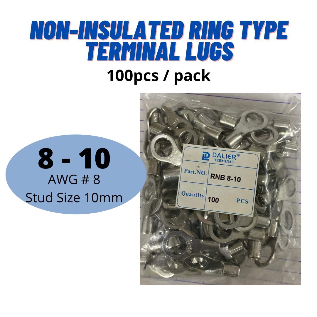 Non-insulated Ring Type Terminal Lugs 8-10 AWG#8 Stud Size 10mm (100pcs ...