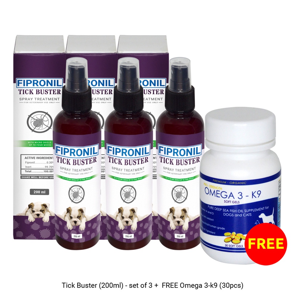 Tick Buster Fipronil Spray Treatment 200mL Set of 3 with Free Fish Oil ...