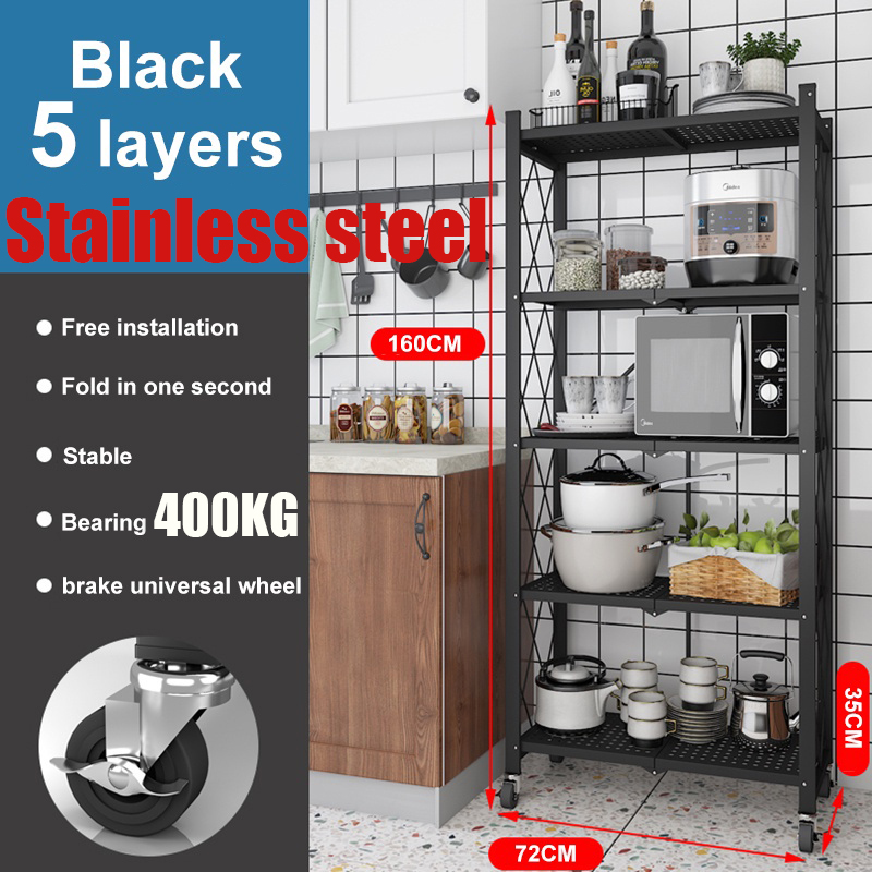 IKAE 3-5 Layer Folding Racks Kitchen Metal Rack Shelves With Wheels ...