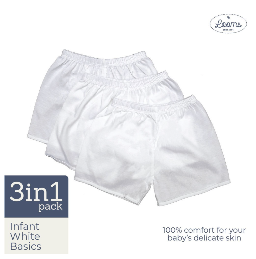 Looms Newborn Baby 0-6 months 3in1 Basic Plain White Shorts 3 pcs. pack ...