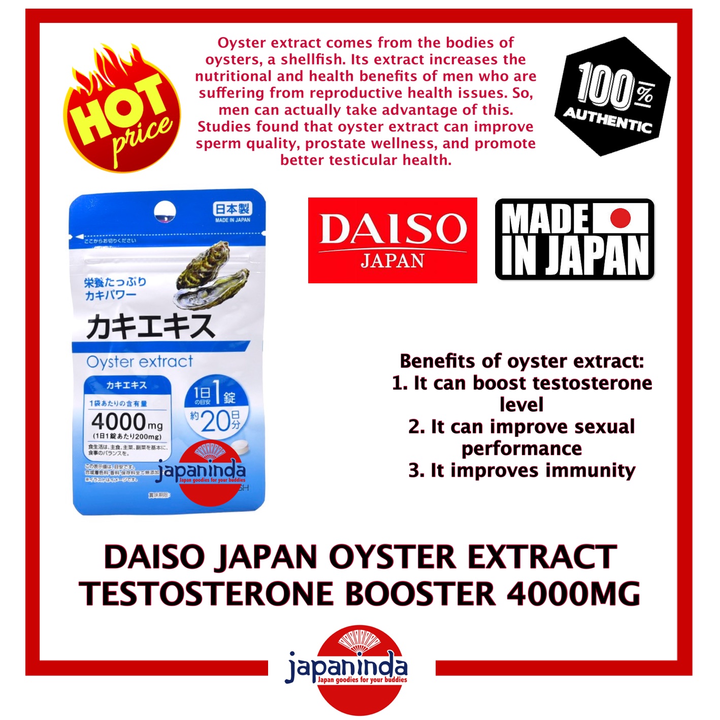 DAISO OYSTER EXTRACT Testosterone Booster (4000mg/pack) 20-Day ...