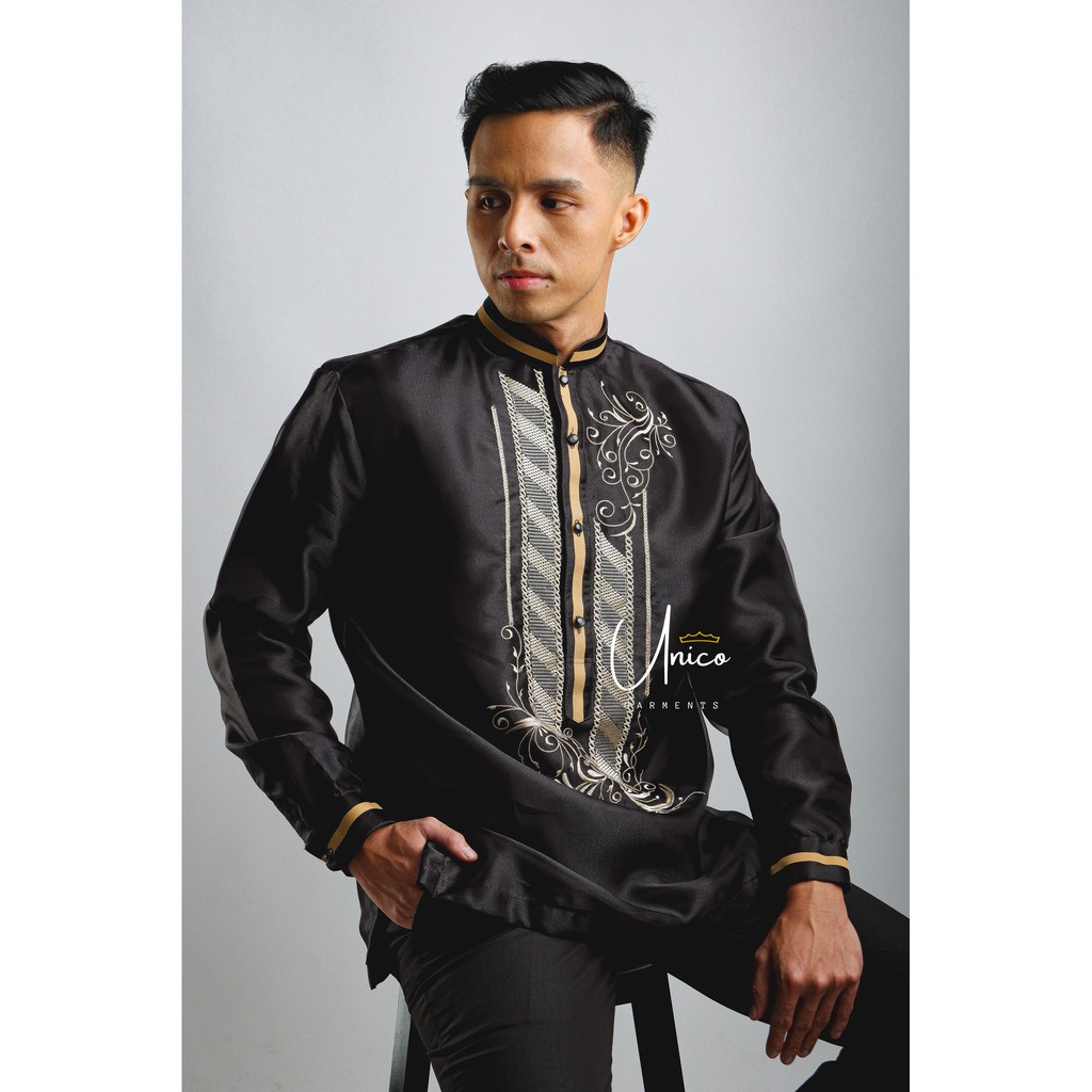 Barong Tagalog for Men Piña Organza with Lining Black with Rustic ...