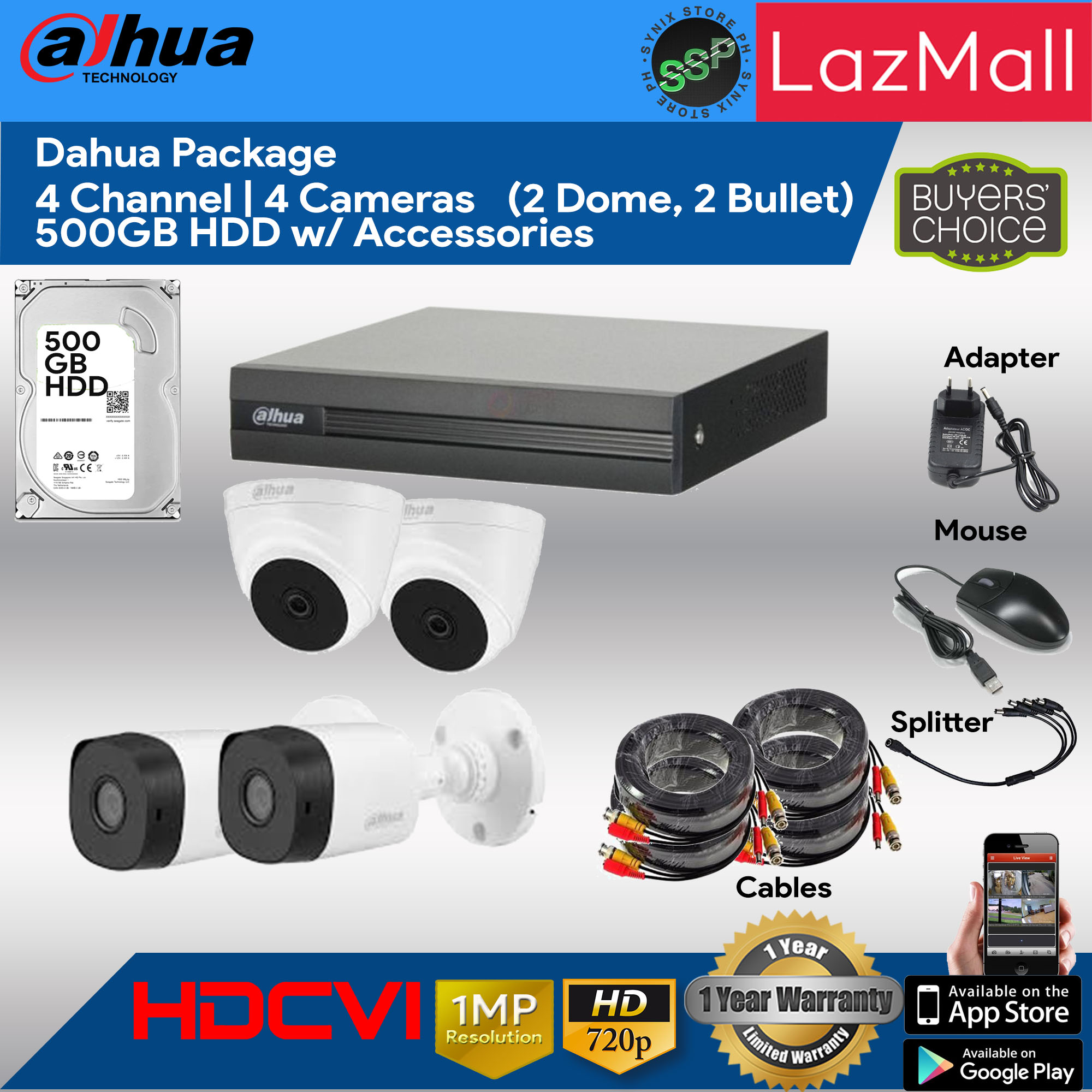 Dahua CCTV Package 8 Channel DVR HDCVI 4 Camera (2 Dome, 2 Bullet) 1mp(720p) with 500gb Hard ...