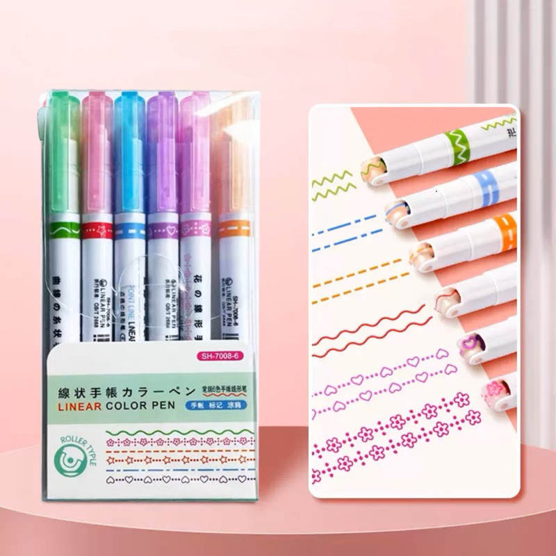 6pcs Line Shaped Highlighter Pen Multi Color Roller Tip Curve Liner ...
