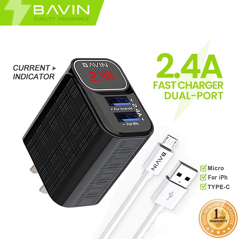 BAVIN Charger 2.4A Digital Current Indicator Charger Dual USB w/ Cable ...