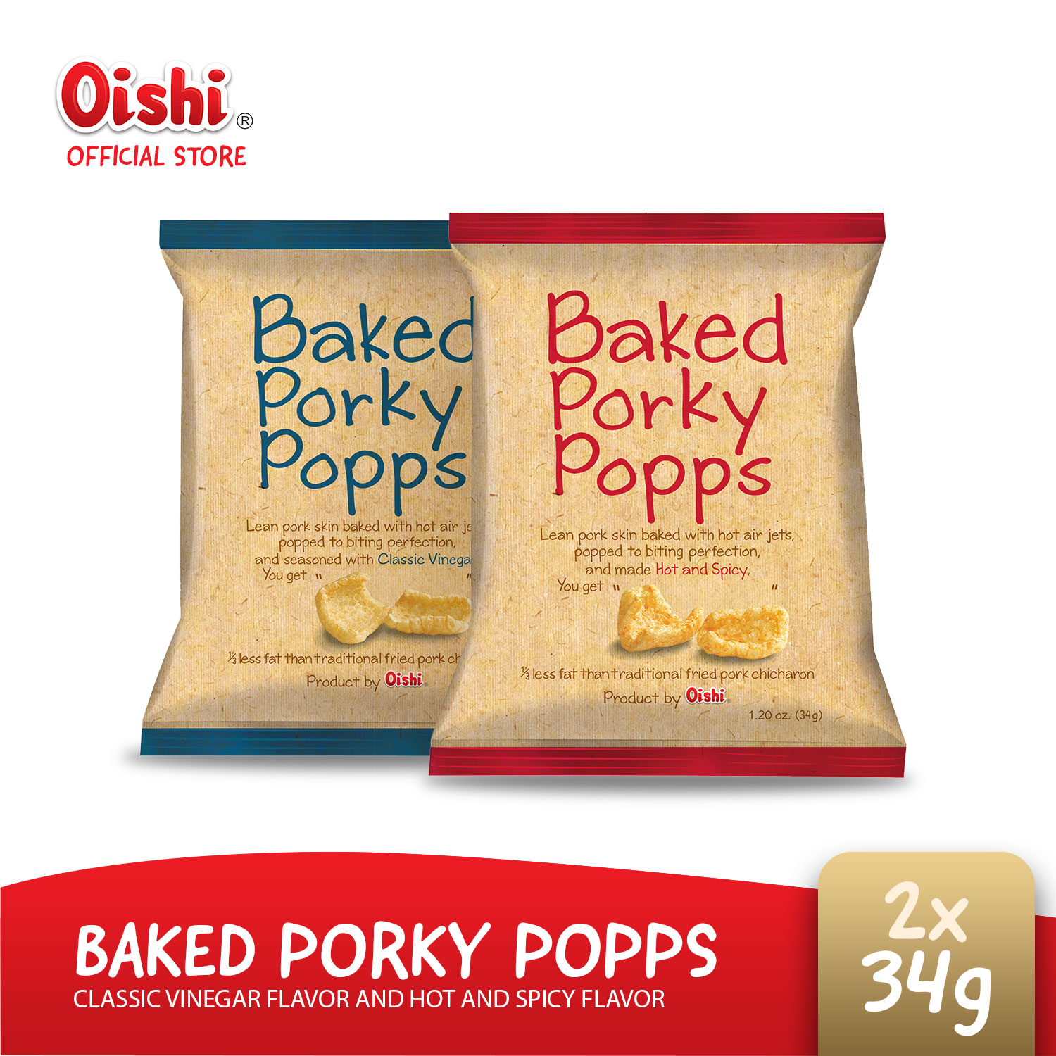 Baked Porky Popps 34g Bundle: Classic Vinegar + Hot & Spicy [Lean Pork ...