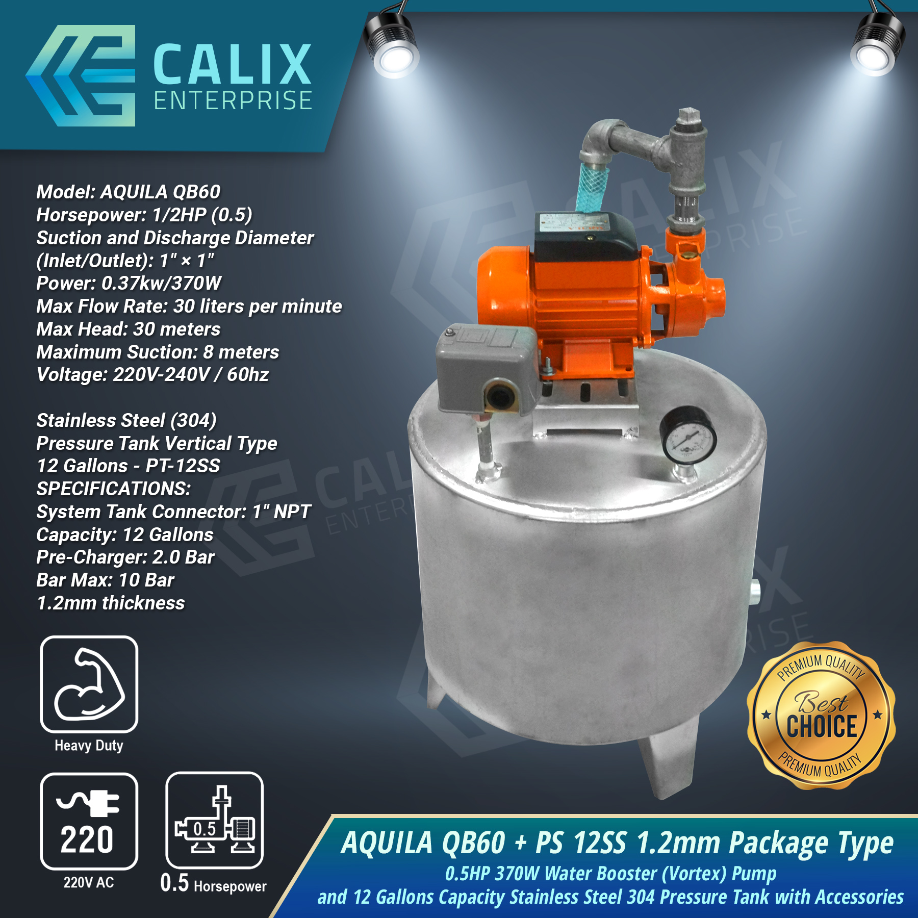 Peripheral Booster Vortex Water Pump 0.5HP 370W and Pressure Tank 12 ...