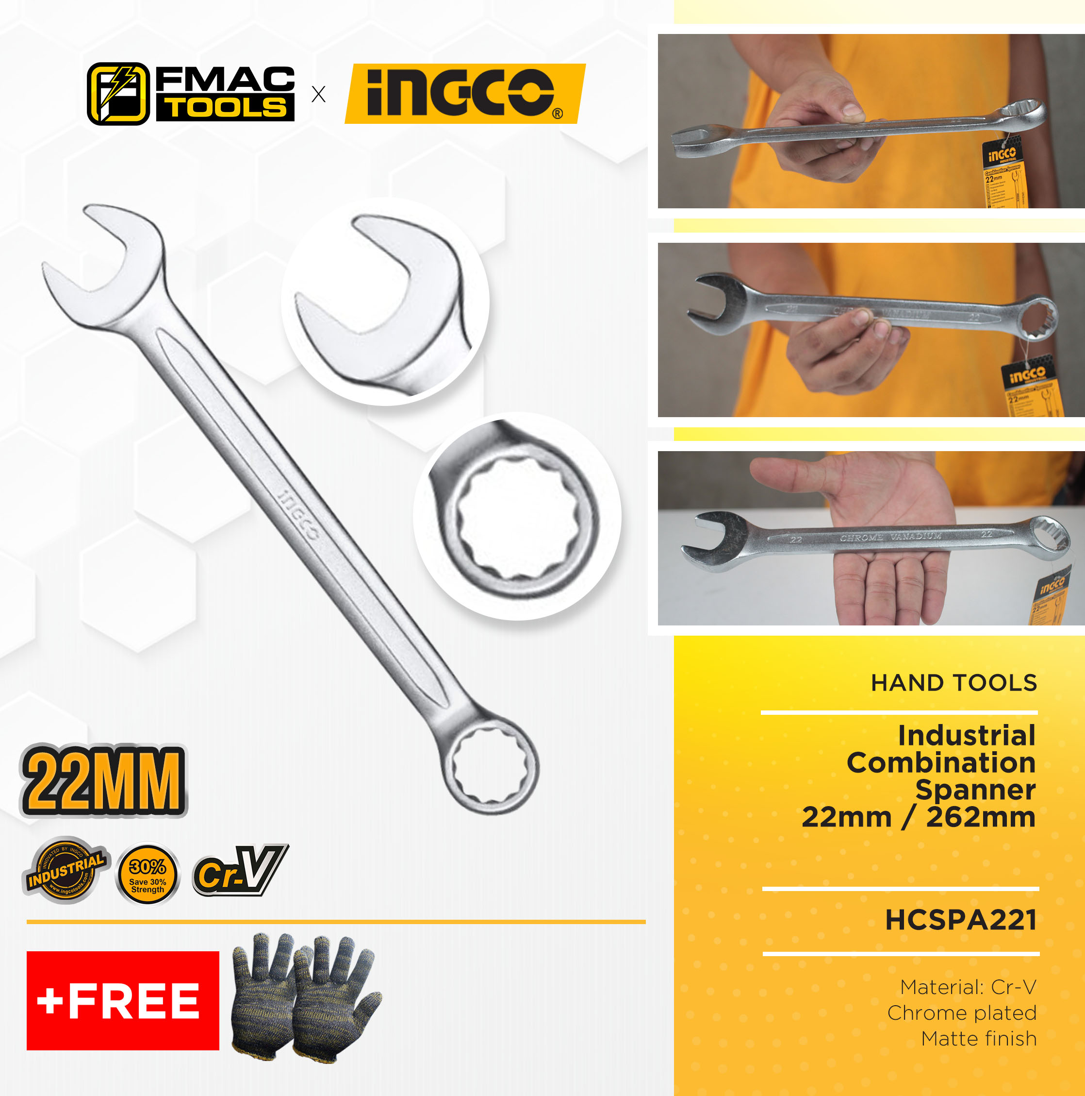 INGCO Industrial Combination Spanner 22mm/262mm CR-V Matte Finish ...