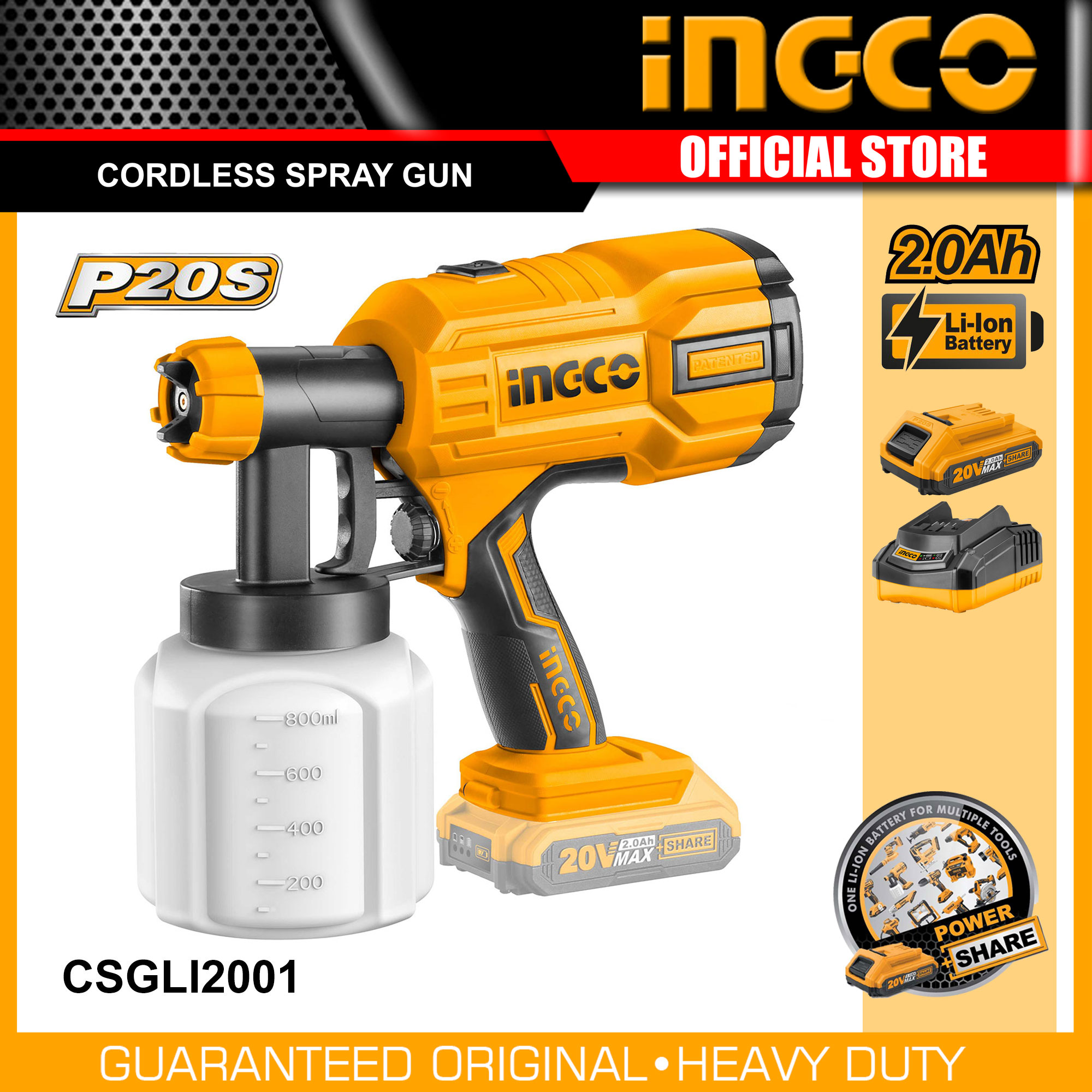 INGCO 20V Lithium-Ion Cordless Spray Gun Paint Sprayer POWERSHARE (WITH ...