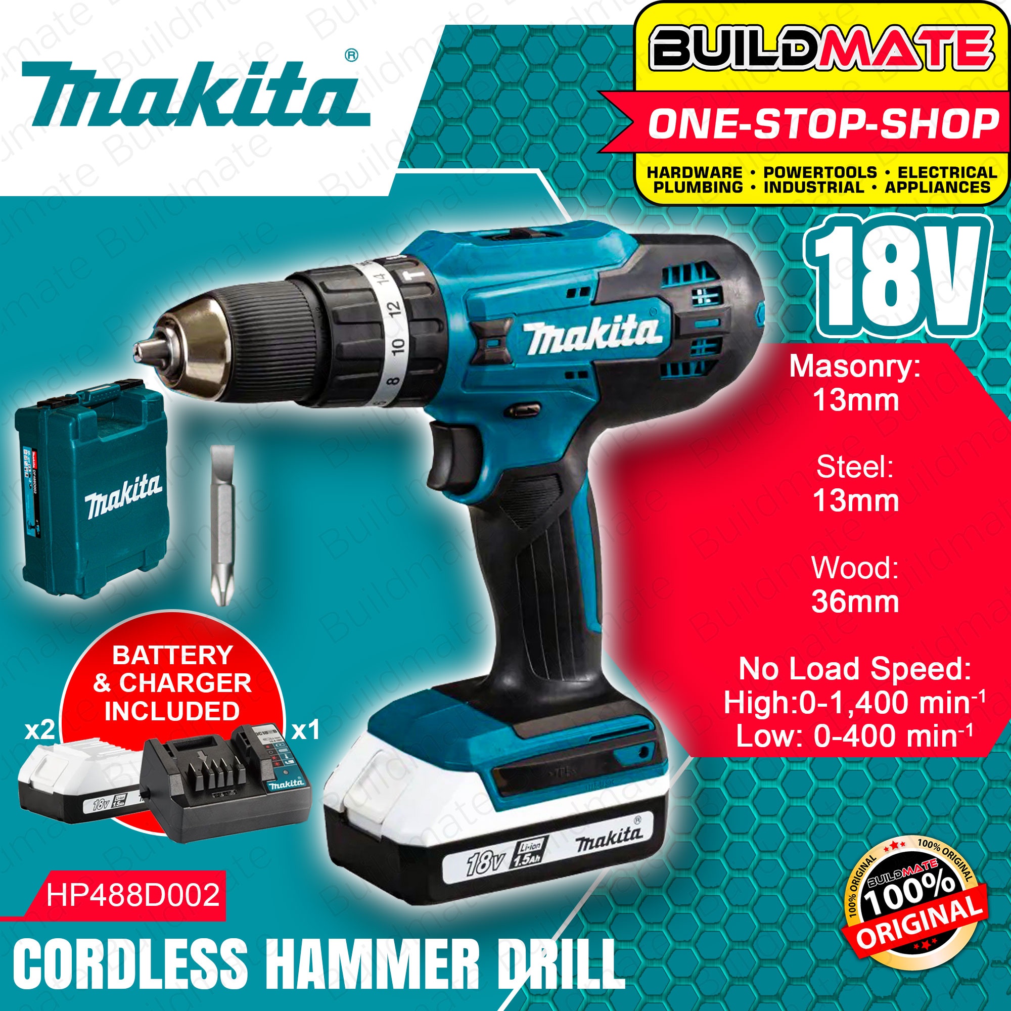 MAKITA Lithium-Ion Li-Ion Cordless Hammer Drill 13mm With 18V 1.5Ah G-Battery & Charger ...