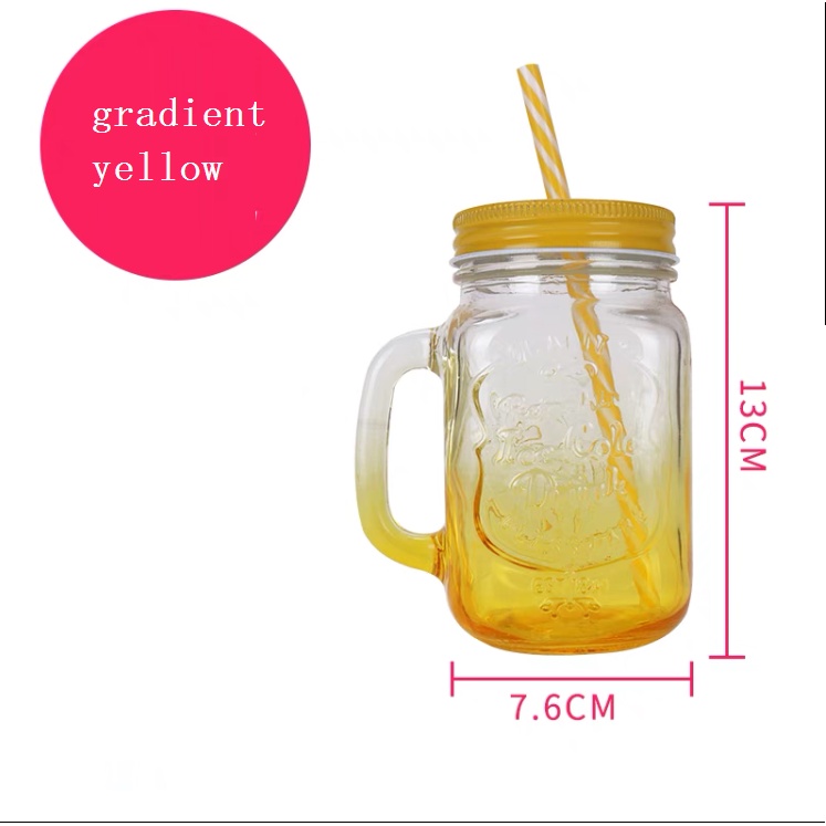 500ml Colored Mason Jar With Reusable Straw Bottle Glass Mug Emboss ...